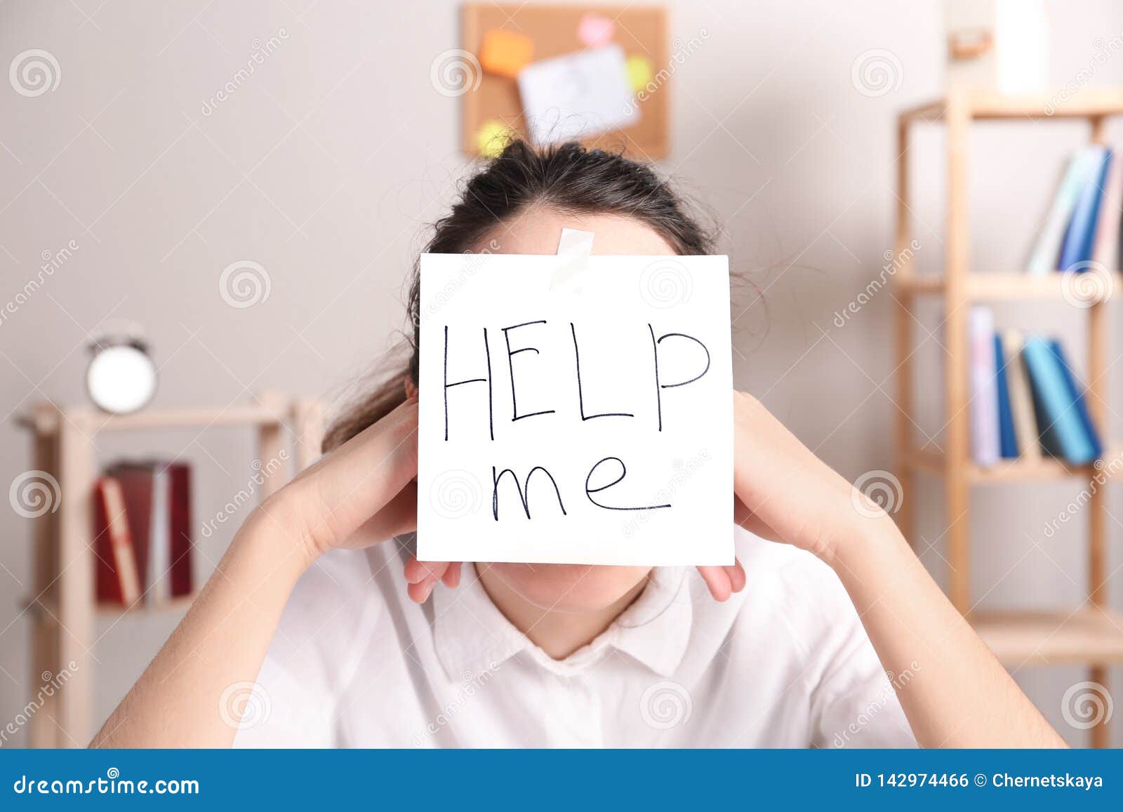 Young Woman with Note HELP ME on Forehead Stock Photo - Image of female ...
