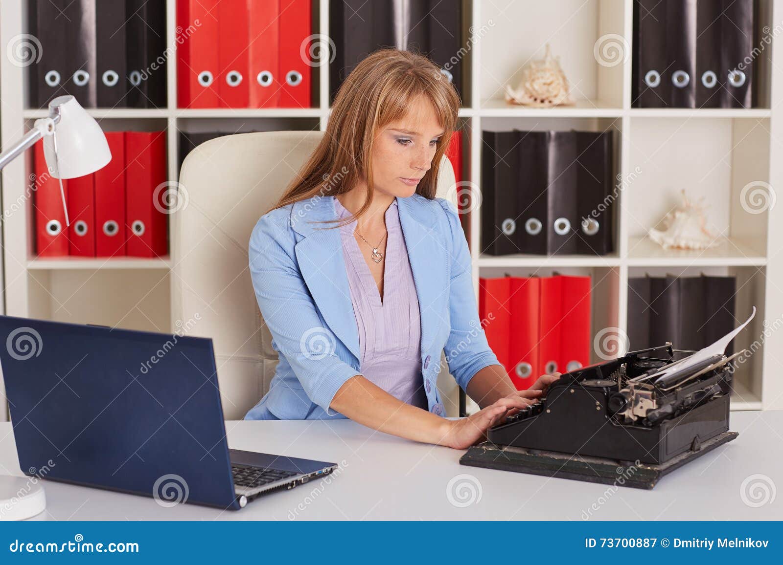 Young Woman with Notebook and Typewriter. Stock Image - Image of retro ...