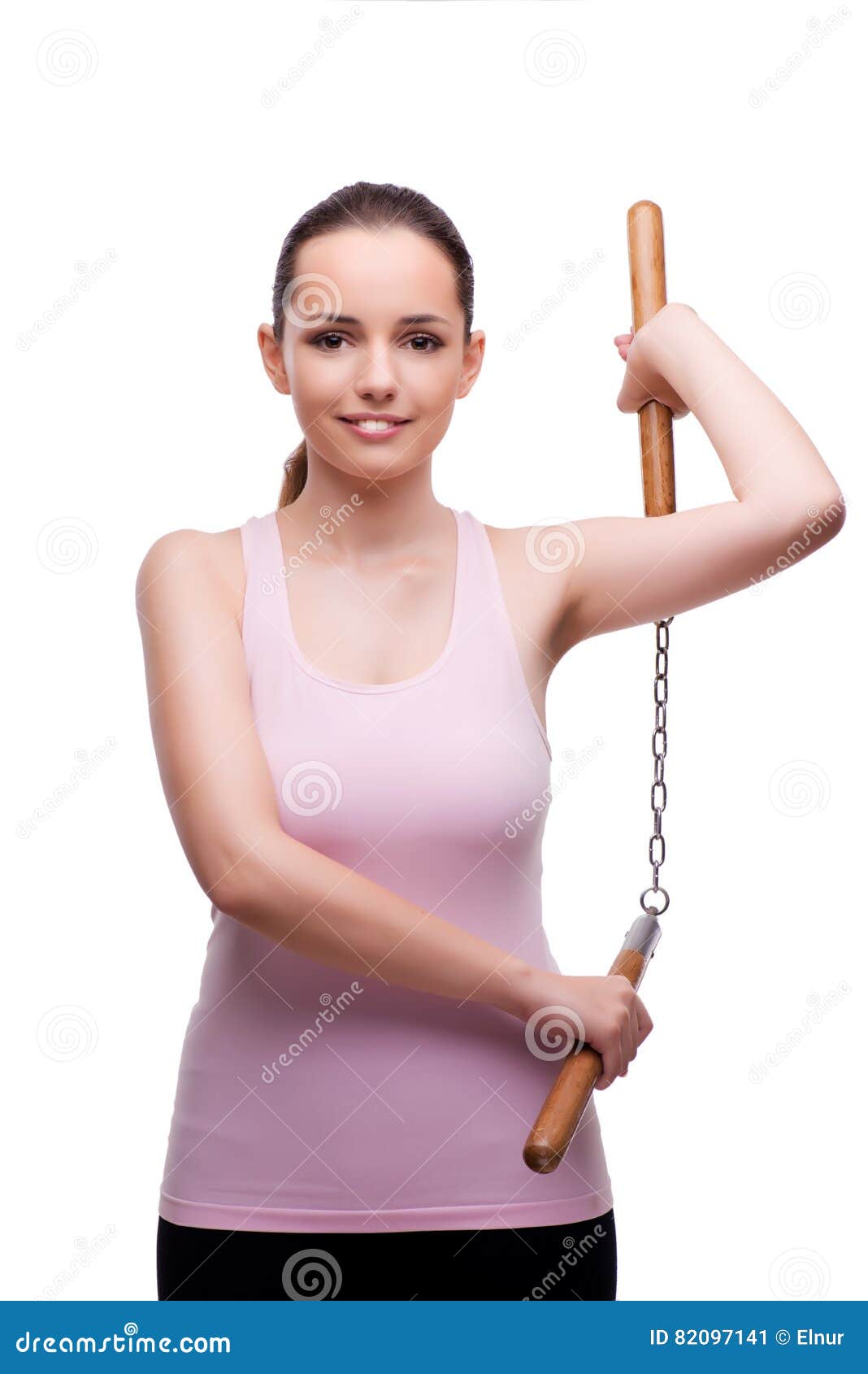 The Young Woman with Nunchucks Isolated on White Stock Image - Image of ...