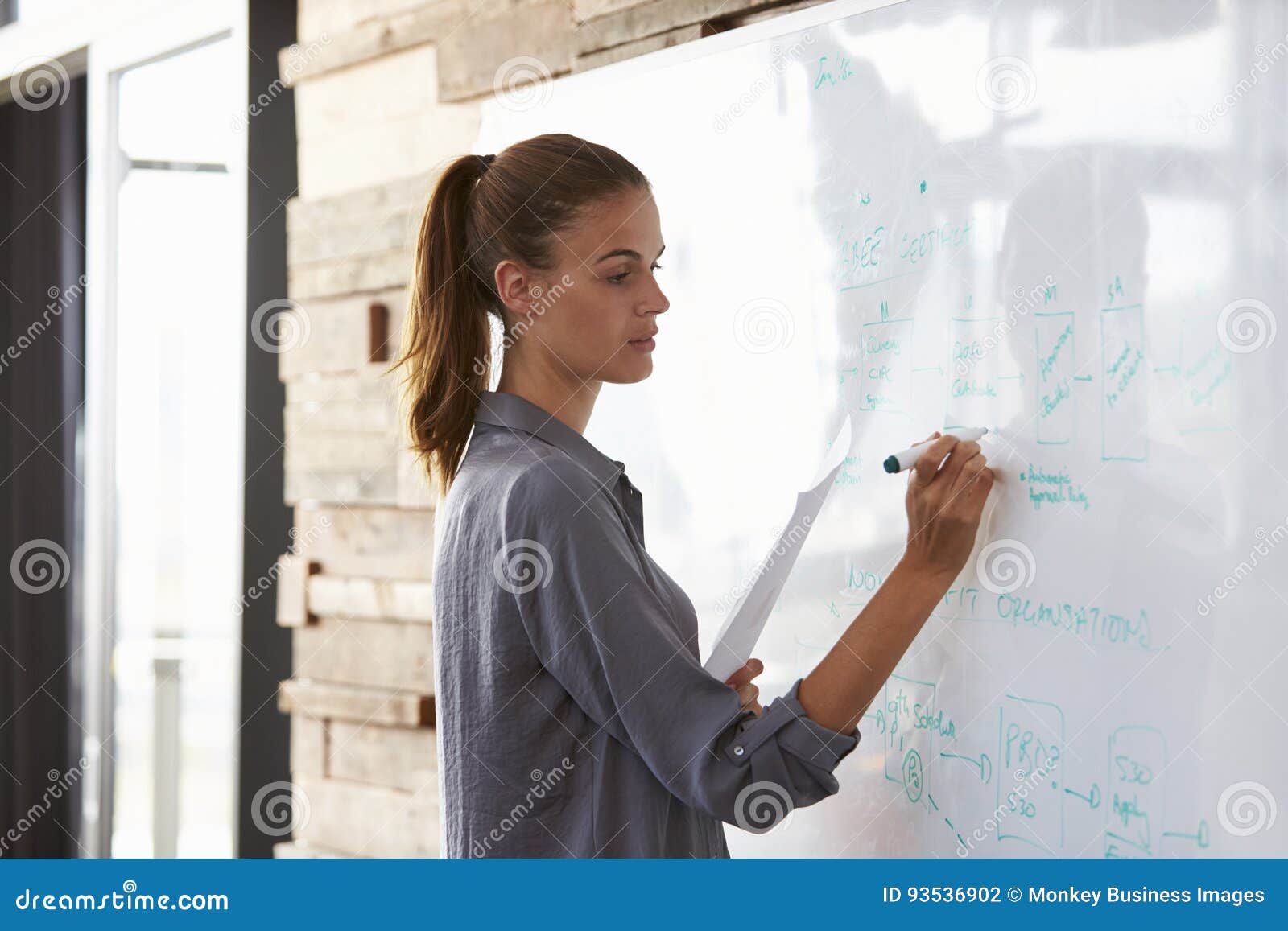 Young Woman in an Office Writing on a Whiteboard, Close Up Stock Photo ...