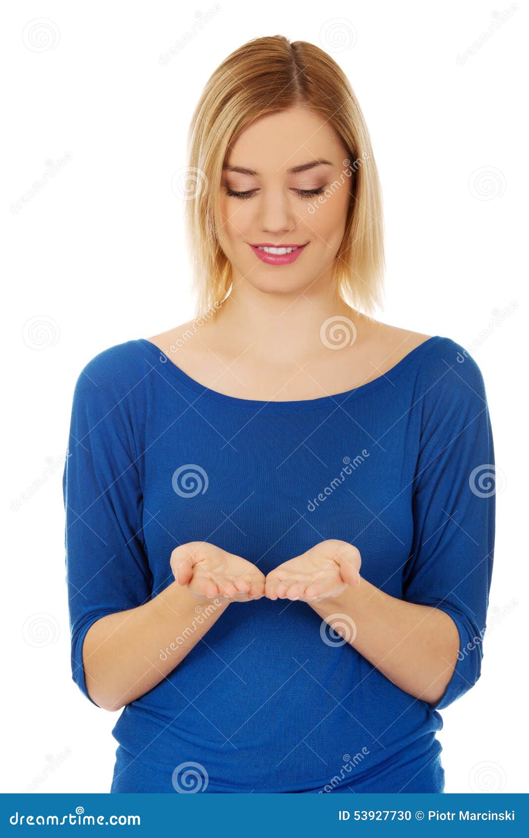 Young Woman with Open Hands. Stock Photo - Image of people, product ...