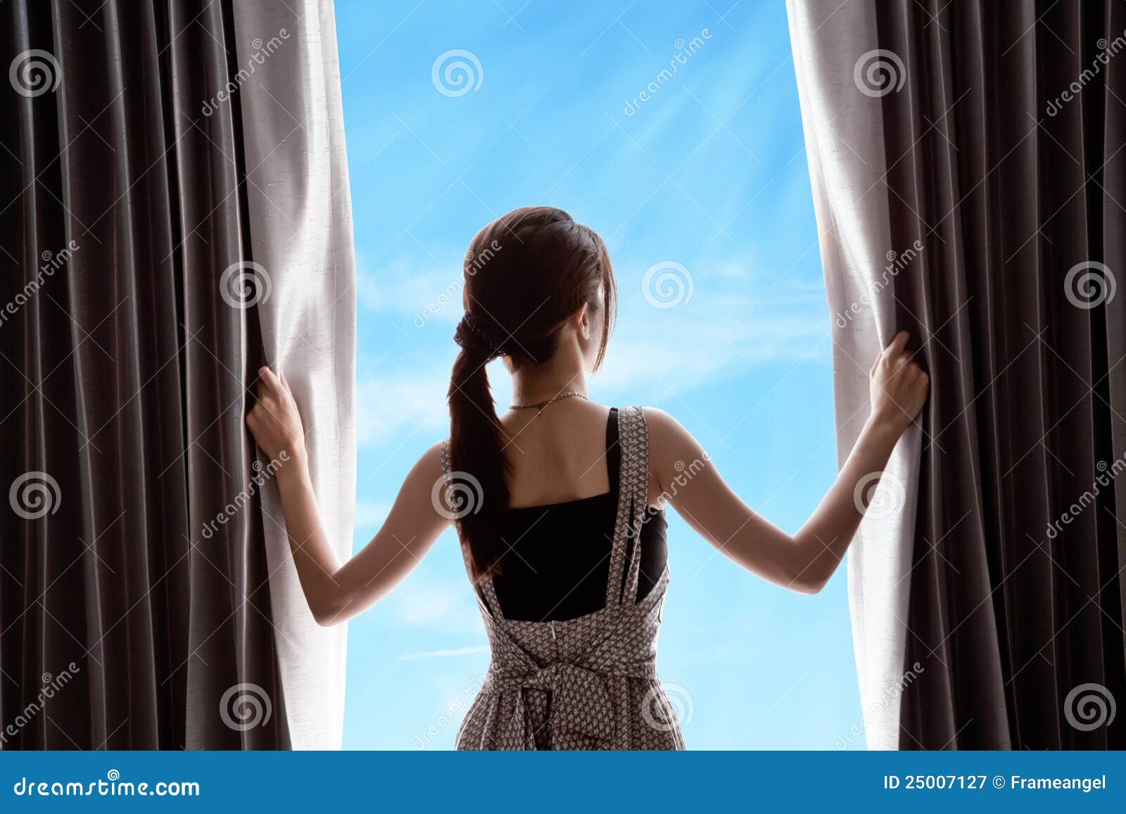 Young Woman Opening Curtains and Blue Sky Stock Image - Image of drapes ...