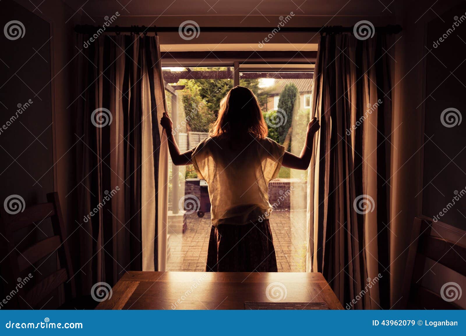 Young Woman Opening the Curtains at Sunrise Stock Image - Image of ...