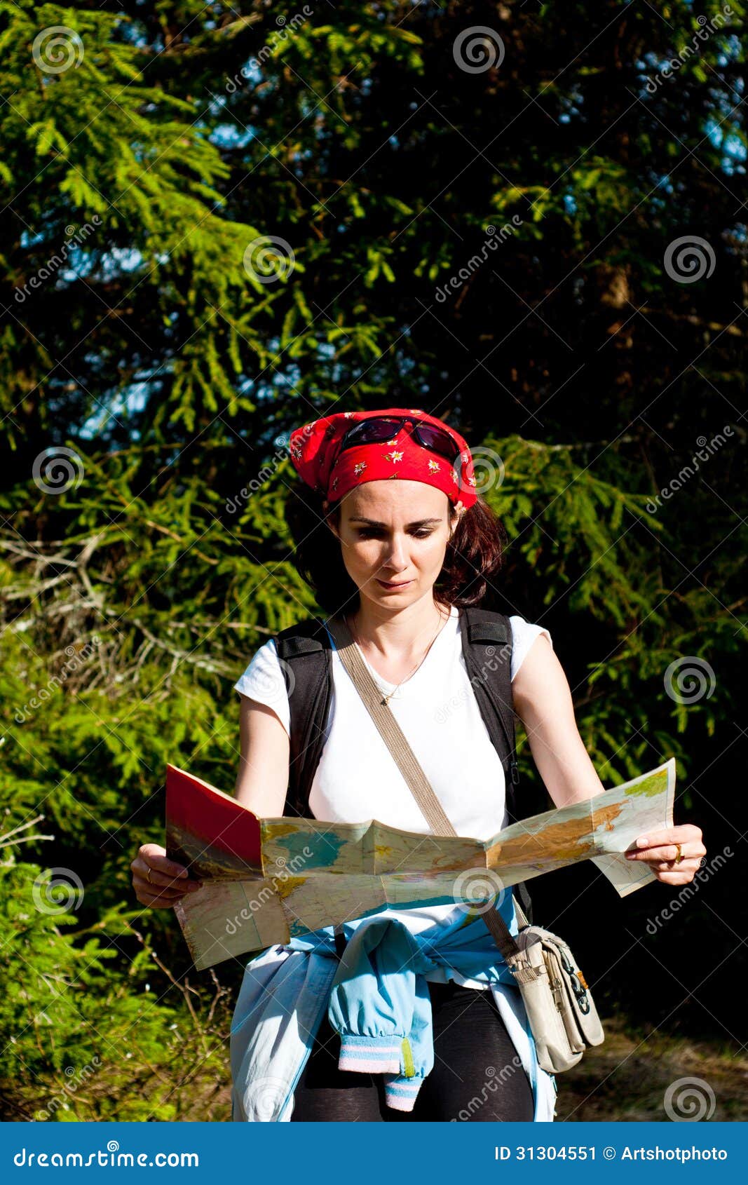 Young Woman Orientating in the Forest Stock Image - Image of searching ...