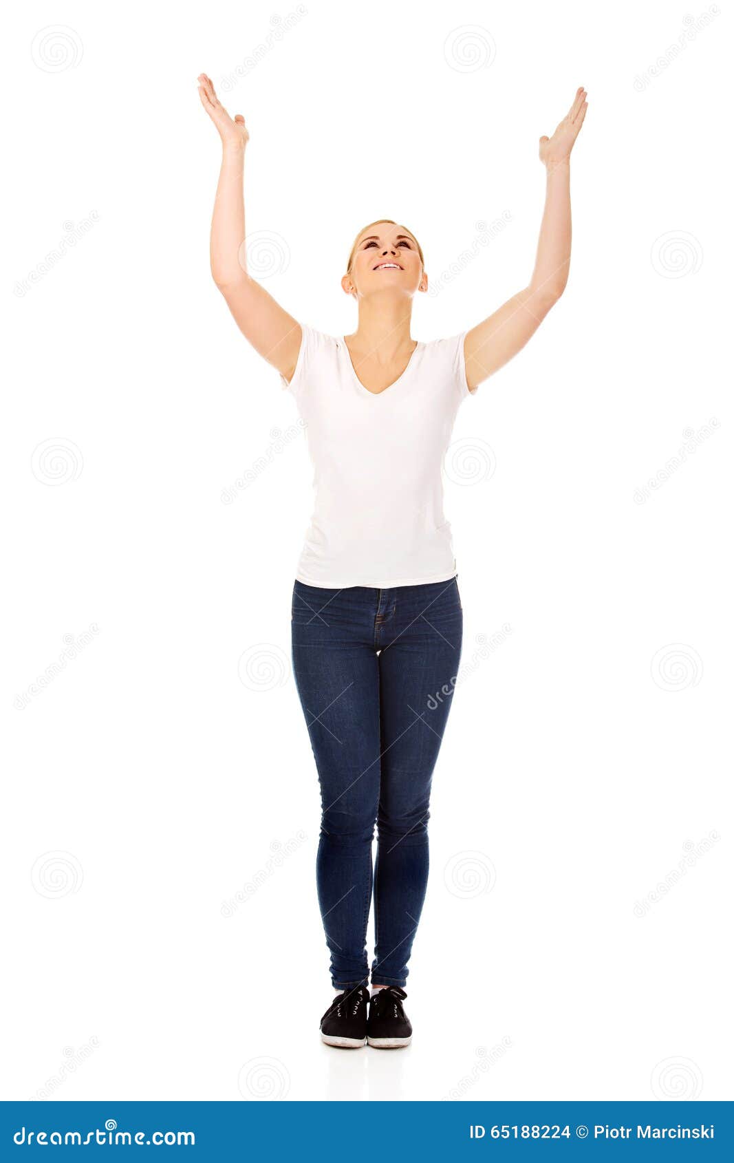 Young Woman with Outstretched Arms Looking Up Stock Photo - Image of ...