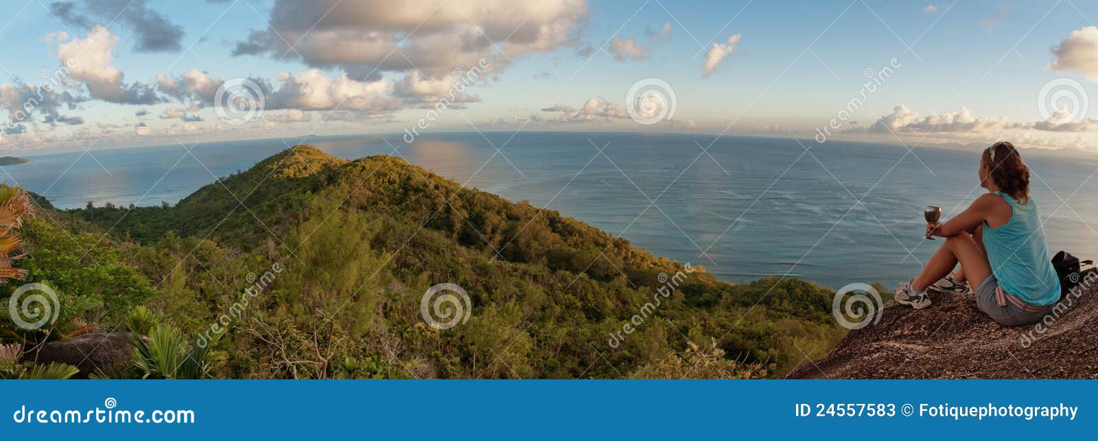 Young Woman Overlooking Tropical Island Sunset Stock Image - Image of ...