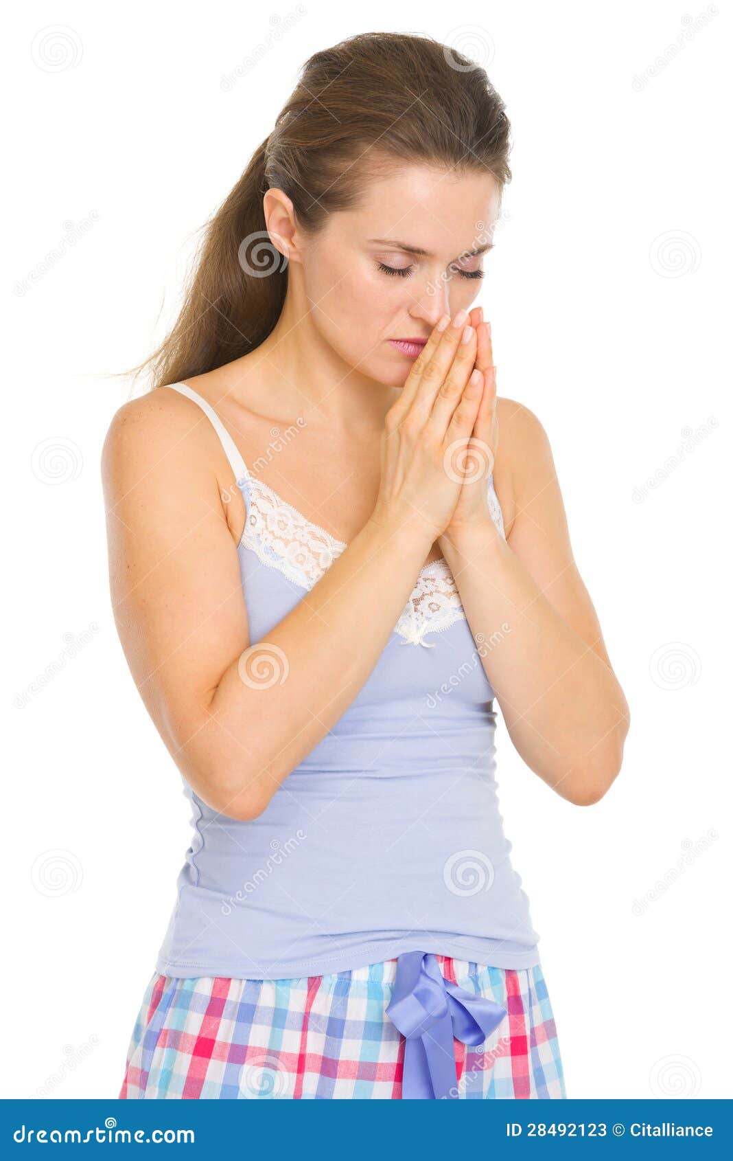Young Woman in Pajamas Praying before Sleep Stock Image - Image of ...