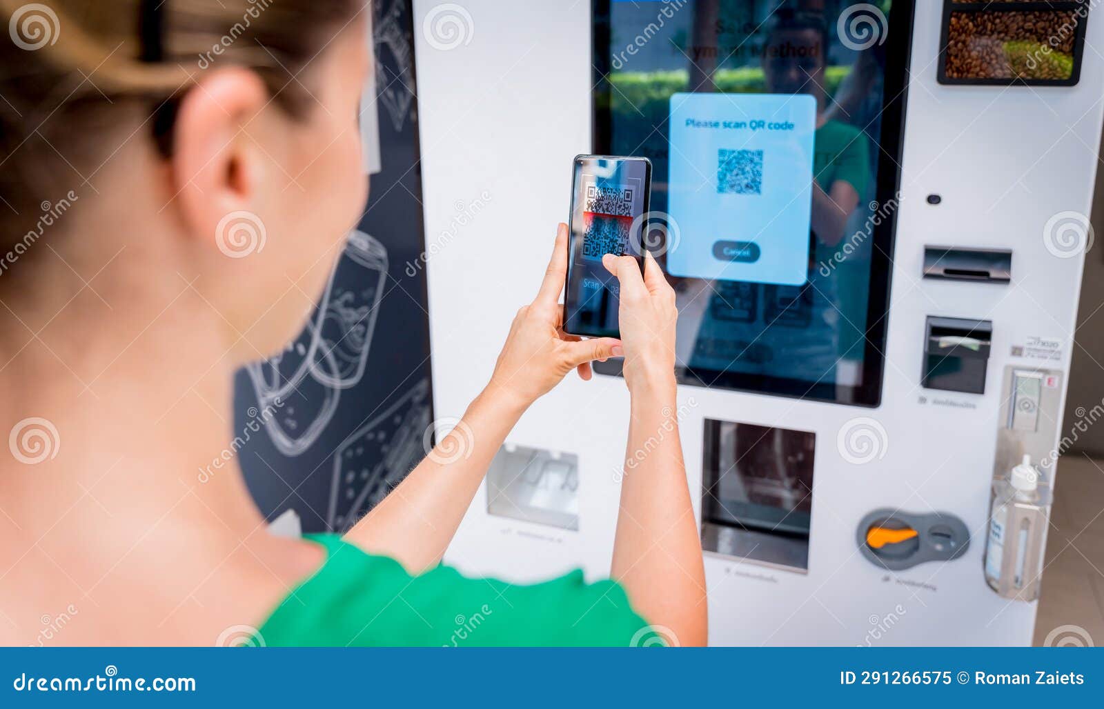 Young Woman Paying for Coffee at Vending Machine Using Contactless ...