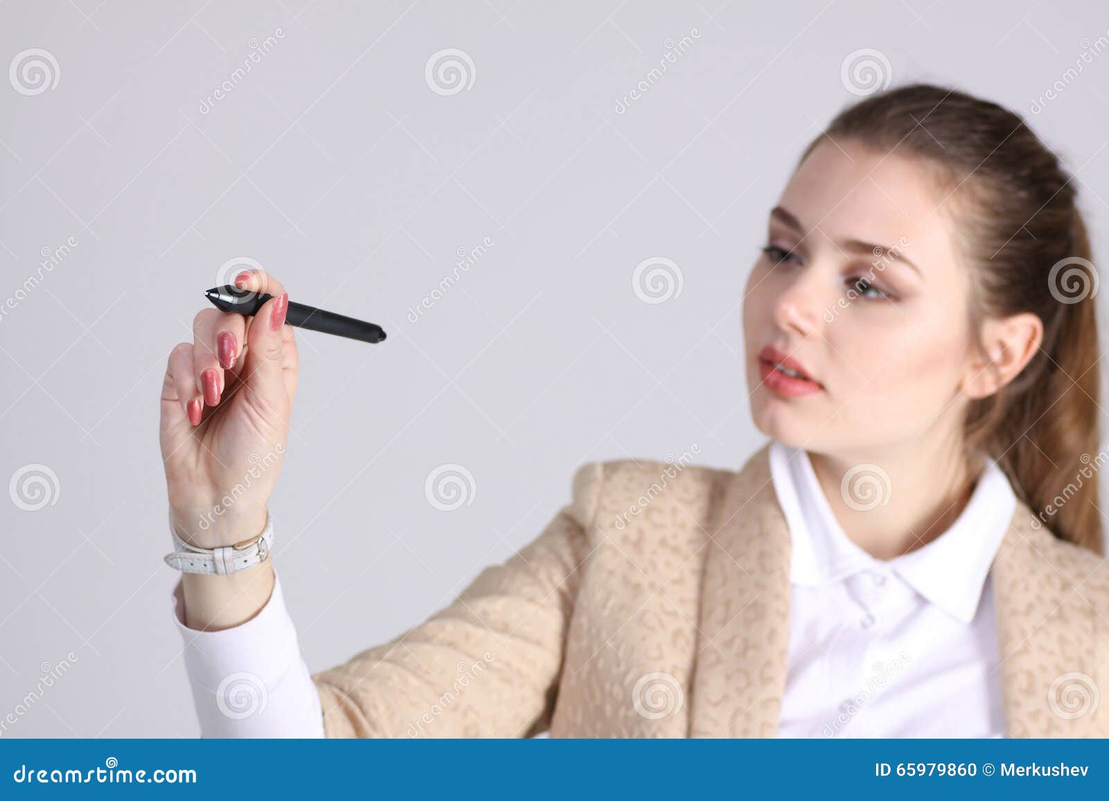 Young Woman with Pen on Grey Background Stock Photo - Image of drawing ...