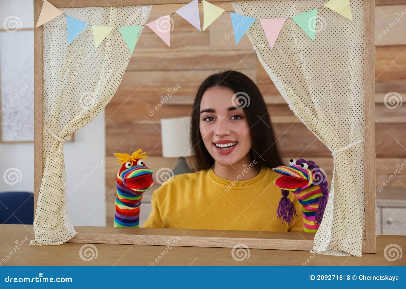 Young Woman Performing Puppet Show at Home Stock Photo - Image of ...