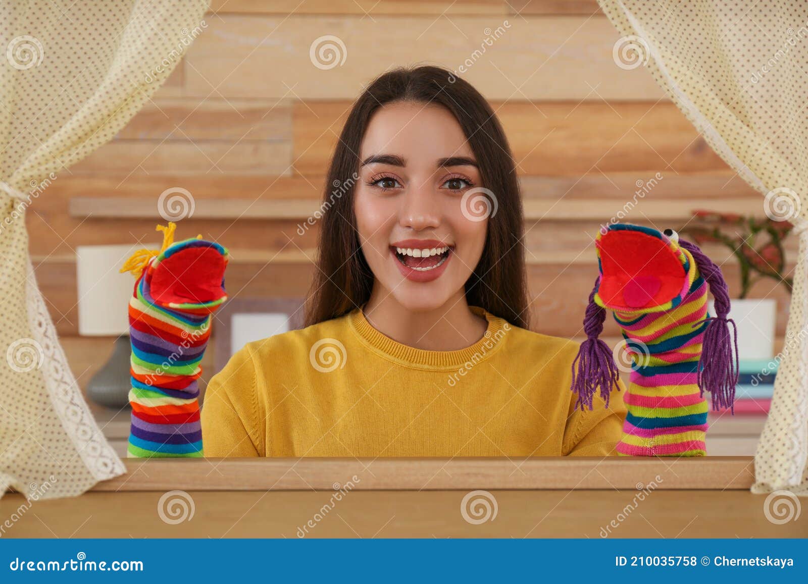Young Woman Performing Puppet Show at Home Stock Photo - Image of ...