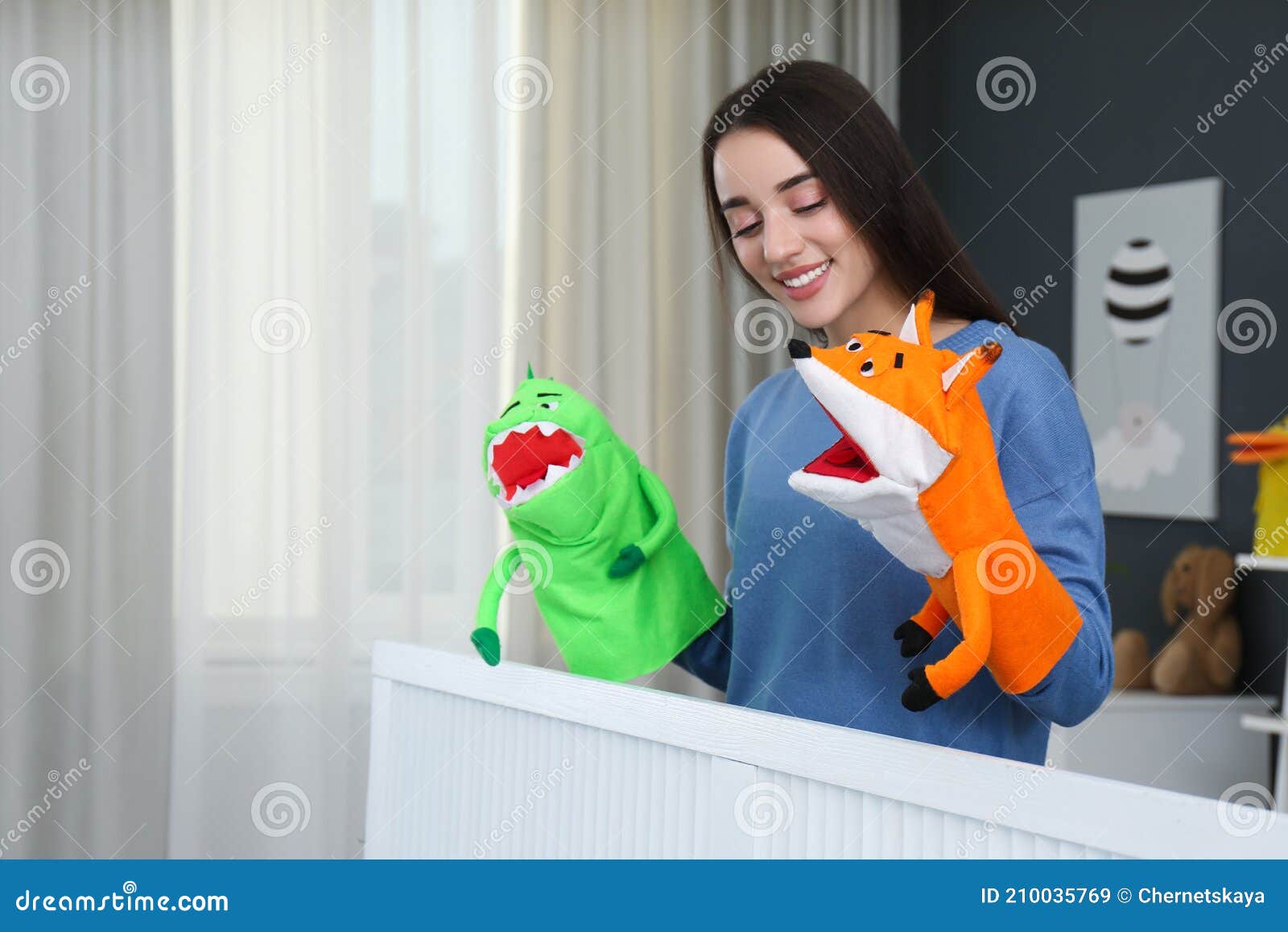 Young Woman Performing Puppet Show at Home Stock Image - Image of doll ...