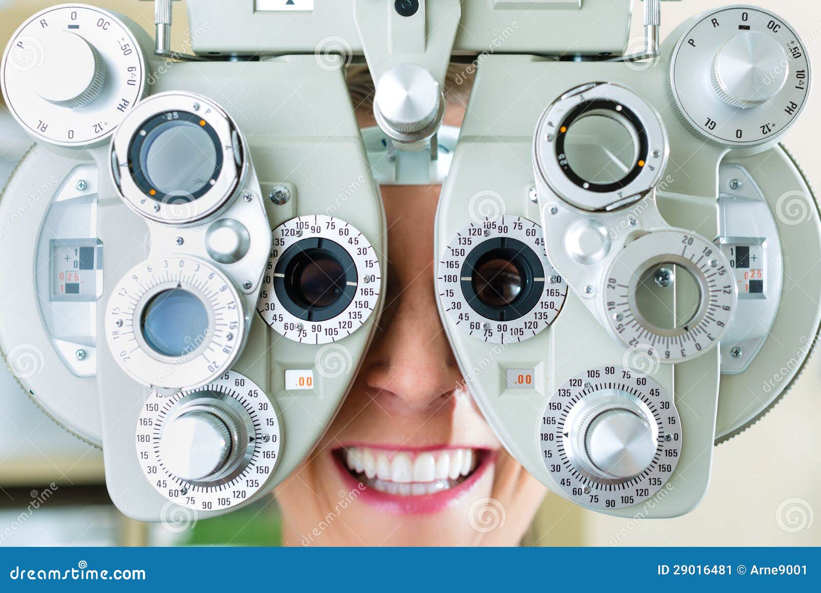 Young Woman at Phoropter for Eye Test Stock Image - Image of doctors ...
