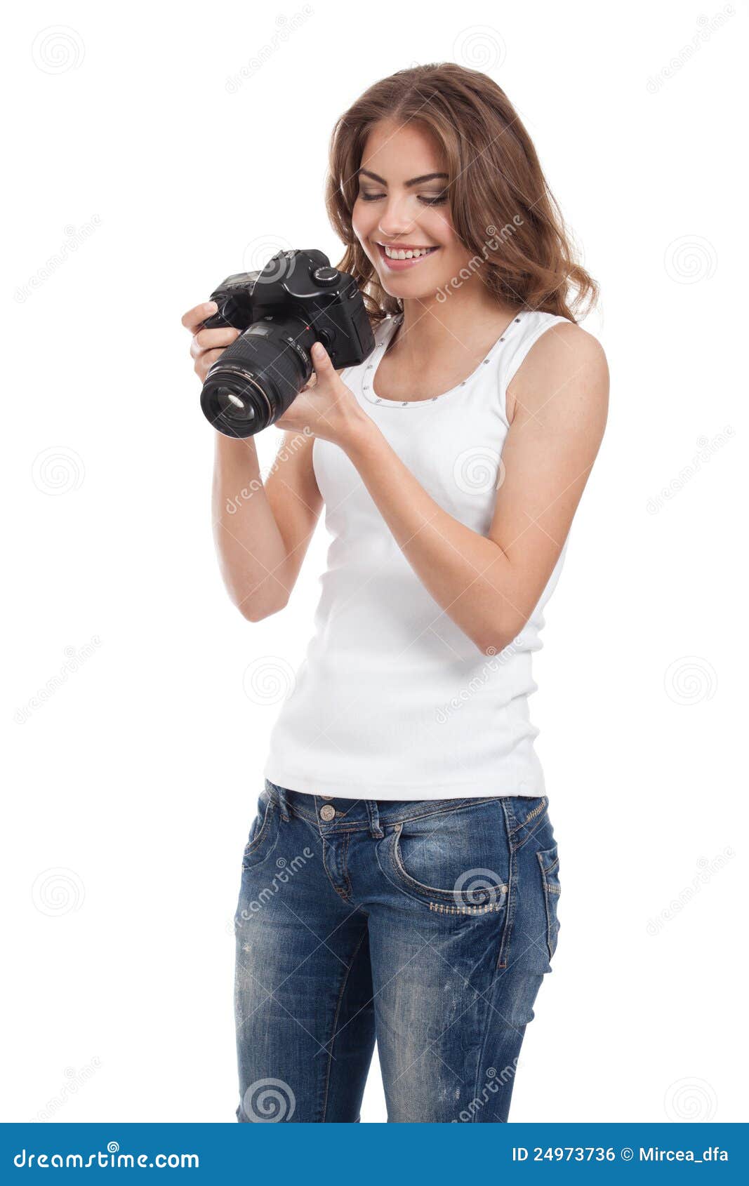 Young Woman with Photo Camera Stock Photo - Image of blonde, girl: 24973736