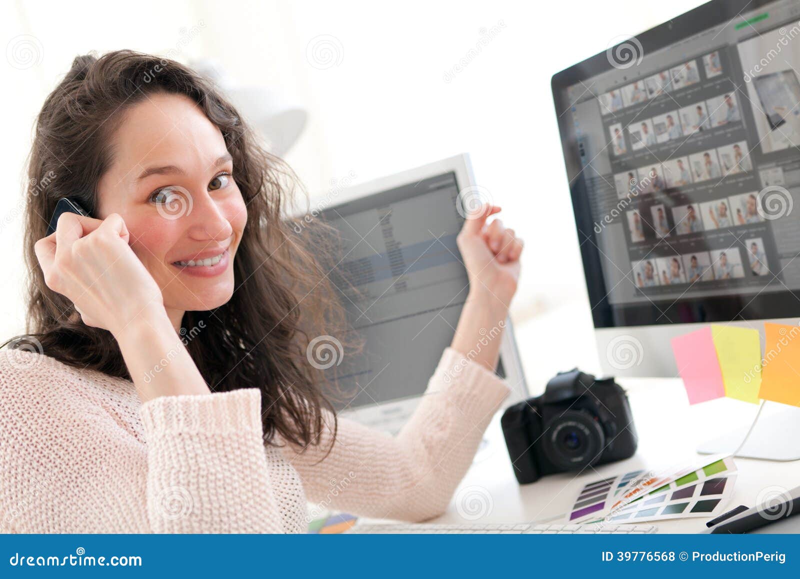 Young Woman Photographer Calling Customer Stock Photo - Image of woman ...