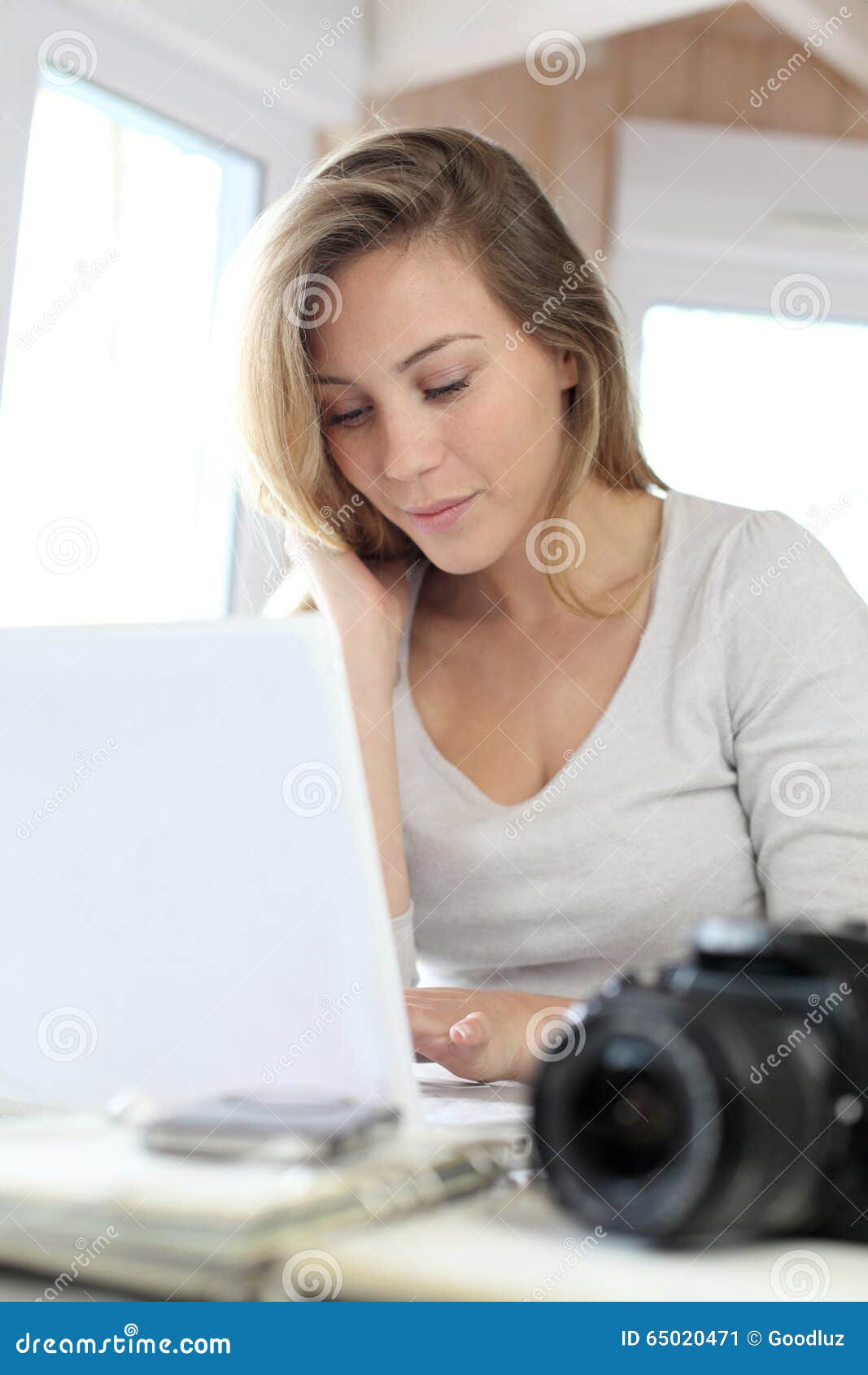 Young Woman Photographer Working on Laptop Stock Image - Image of ...