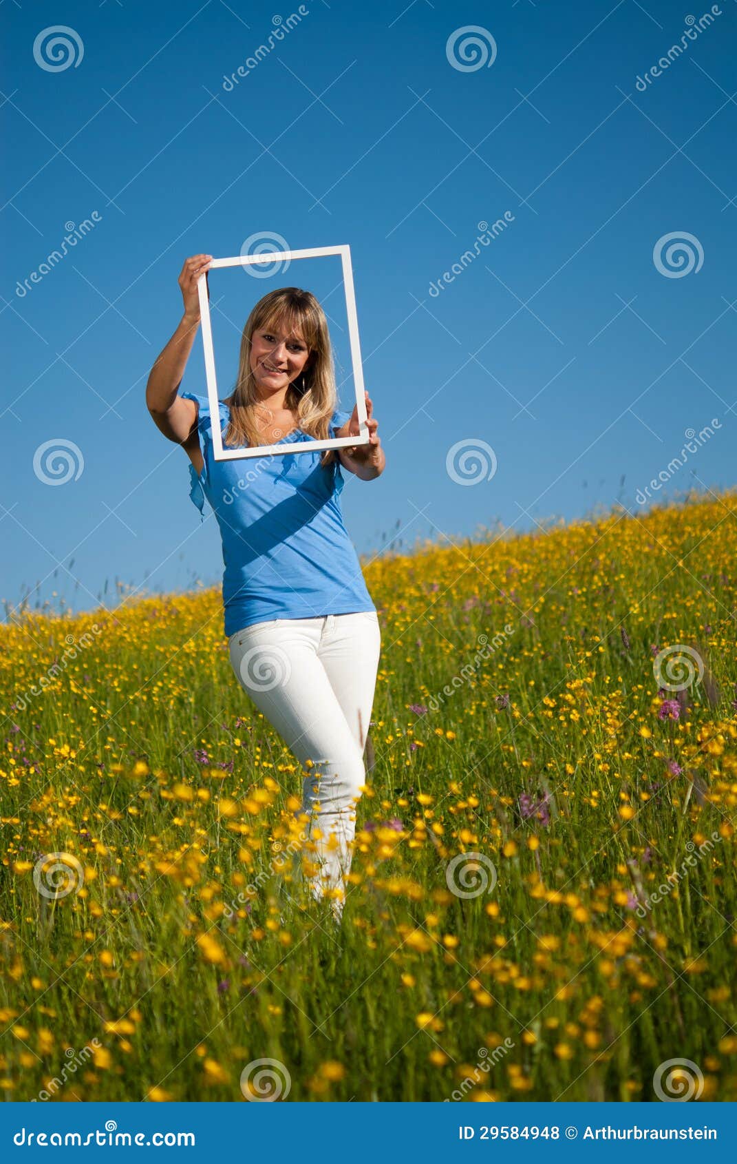 Young Woman with Picture Frame in the Countryside in Spring Stock Photo ...