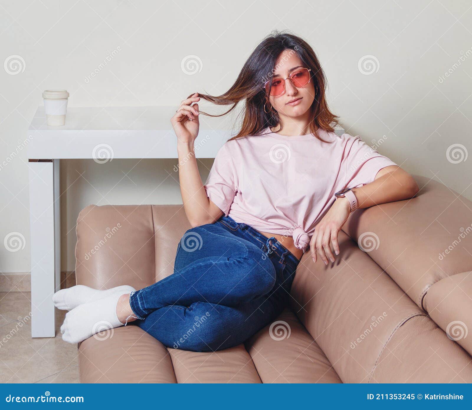 Young Women Sitting On The Sofa At Home Stock Image Image Of Hair