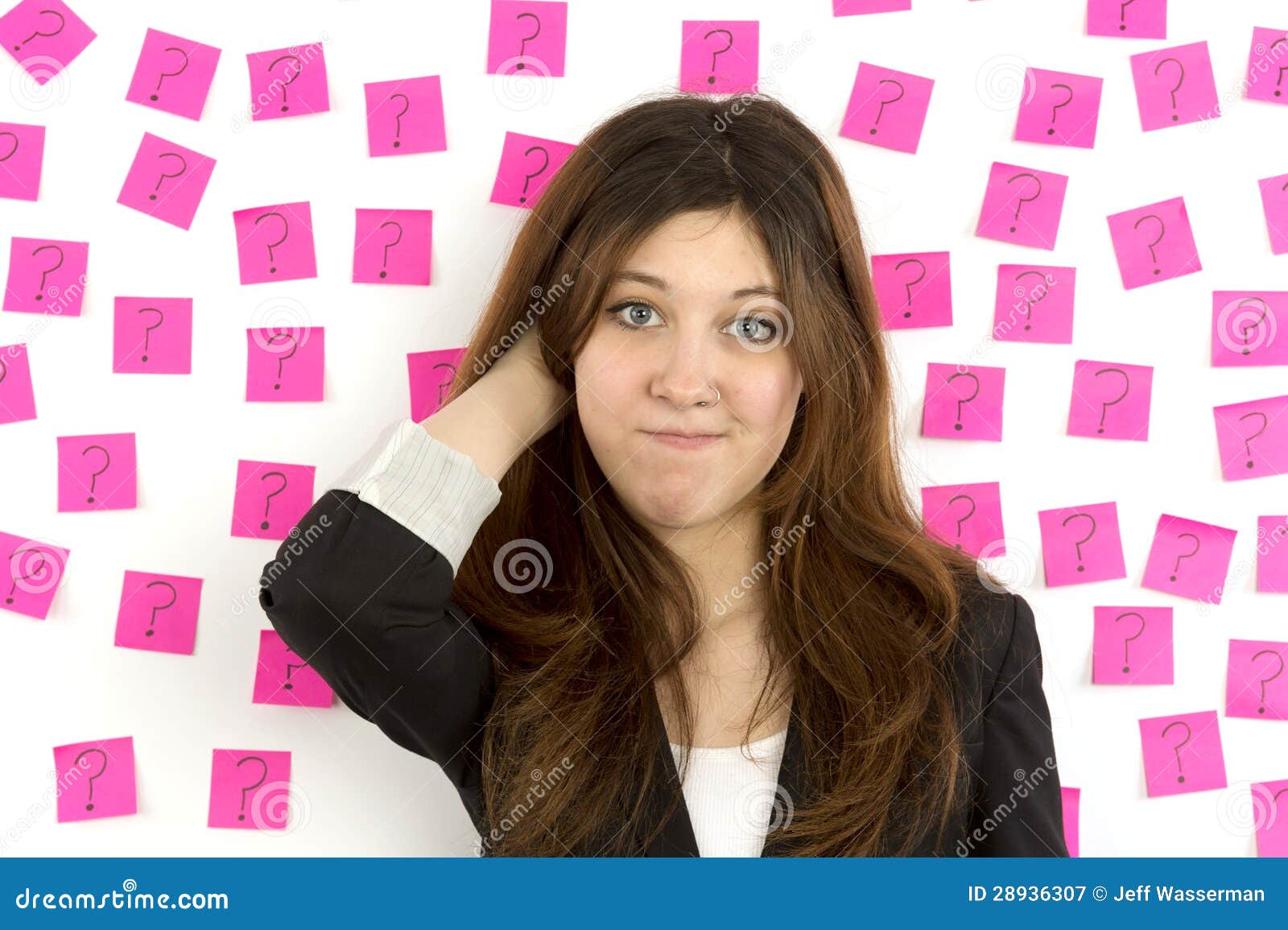Young Woman Pink Sticky Notes Question Marks Stock Image - Image of ...