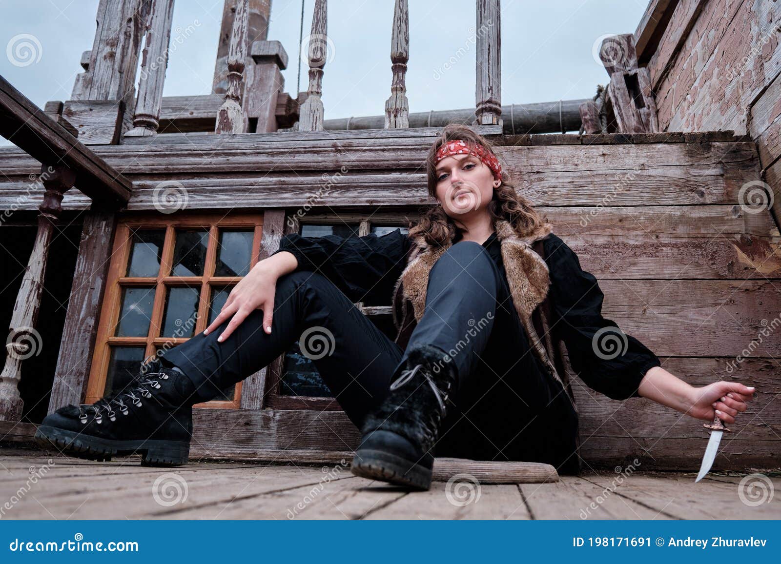 Young woman pirate on ship stock image. Image of person - 198171691