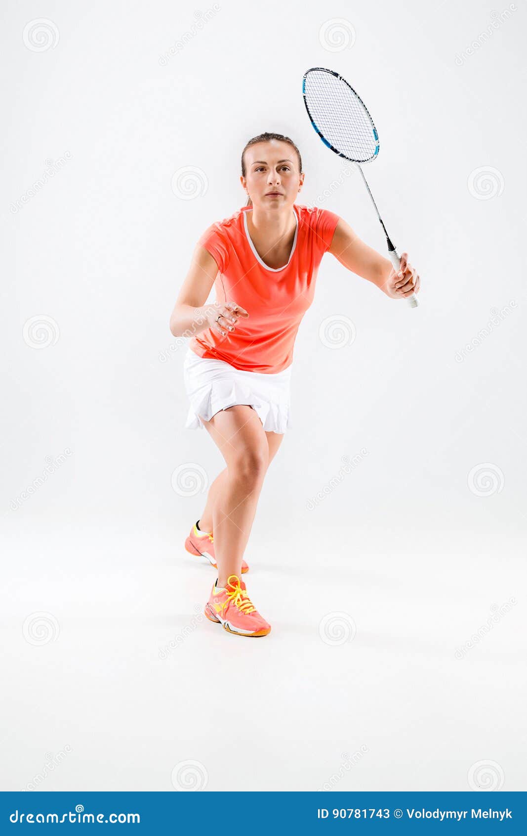 Young Woman Playing Badminton Over White Background Stock Image - Image ...