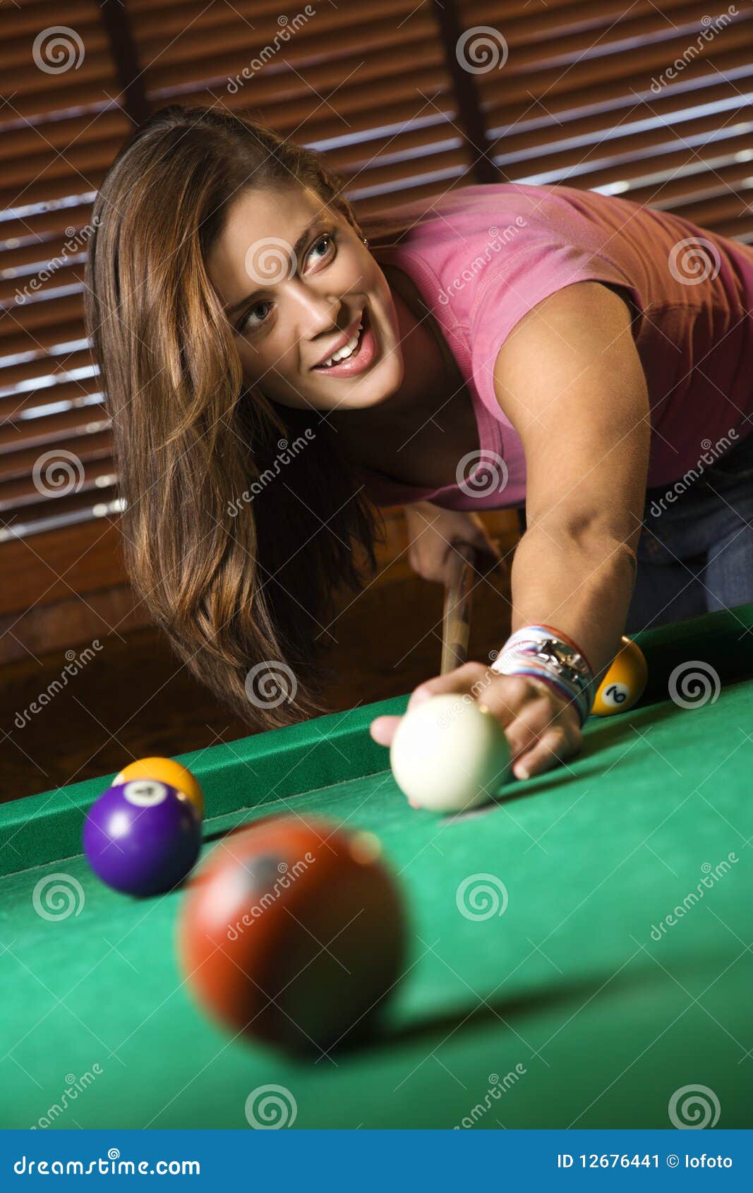 Young Woman Playing Billiards Stock Image - Image of shot, game: 12676441
