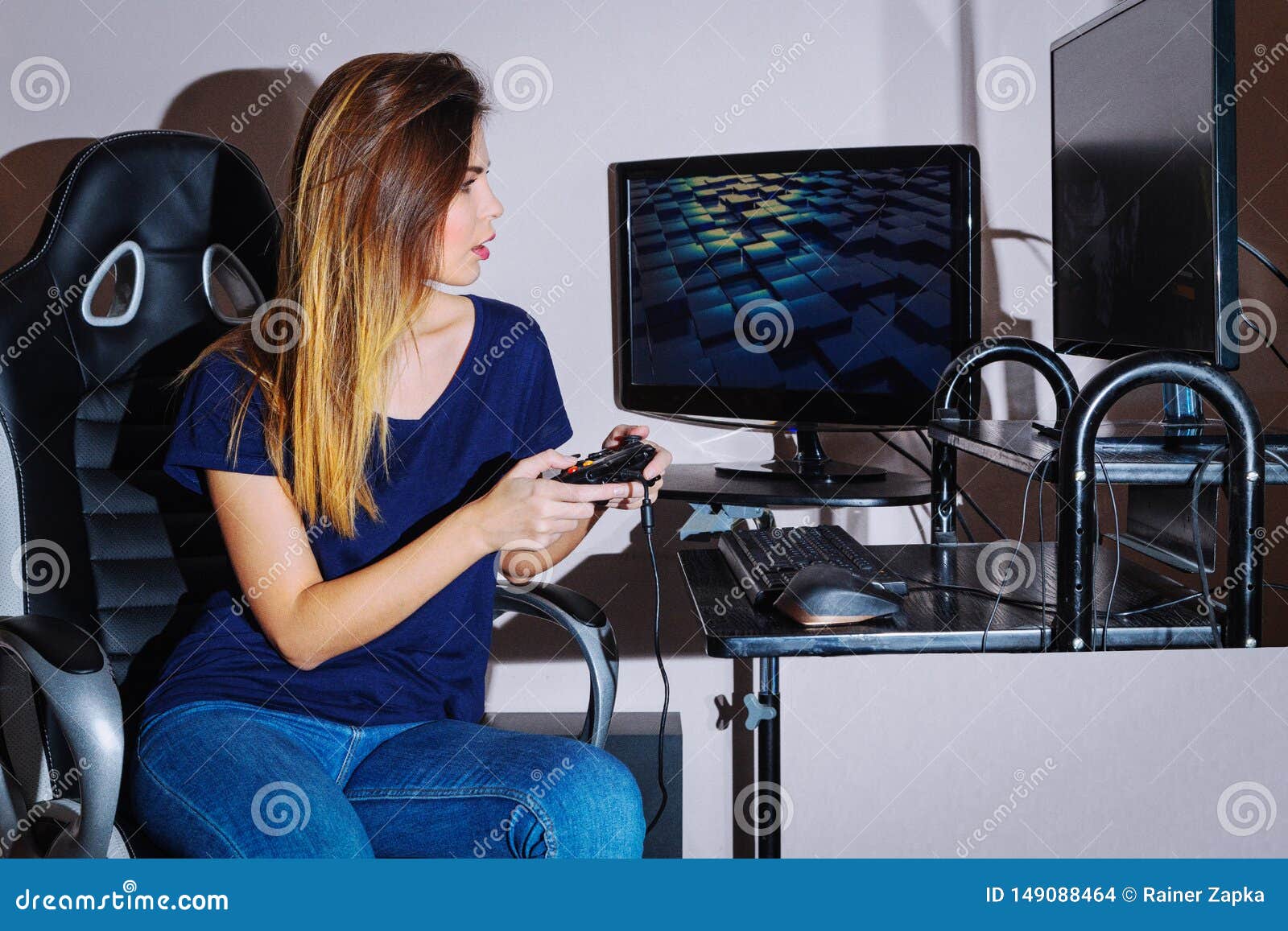 Young Woman is Playing a Computer Game Stock Photo - Image of joyful ...