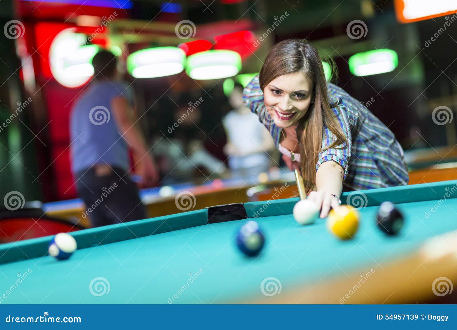 Young woman playing pool stock image. Image of woman - 54957139