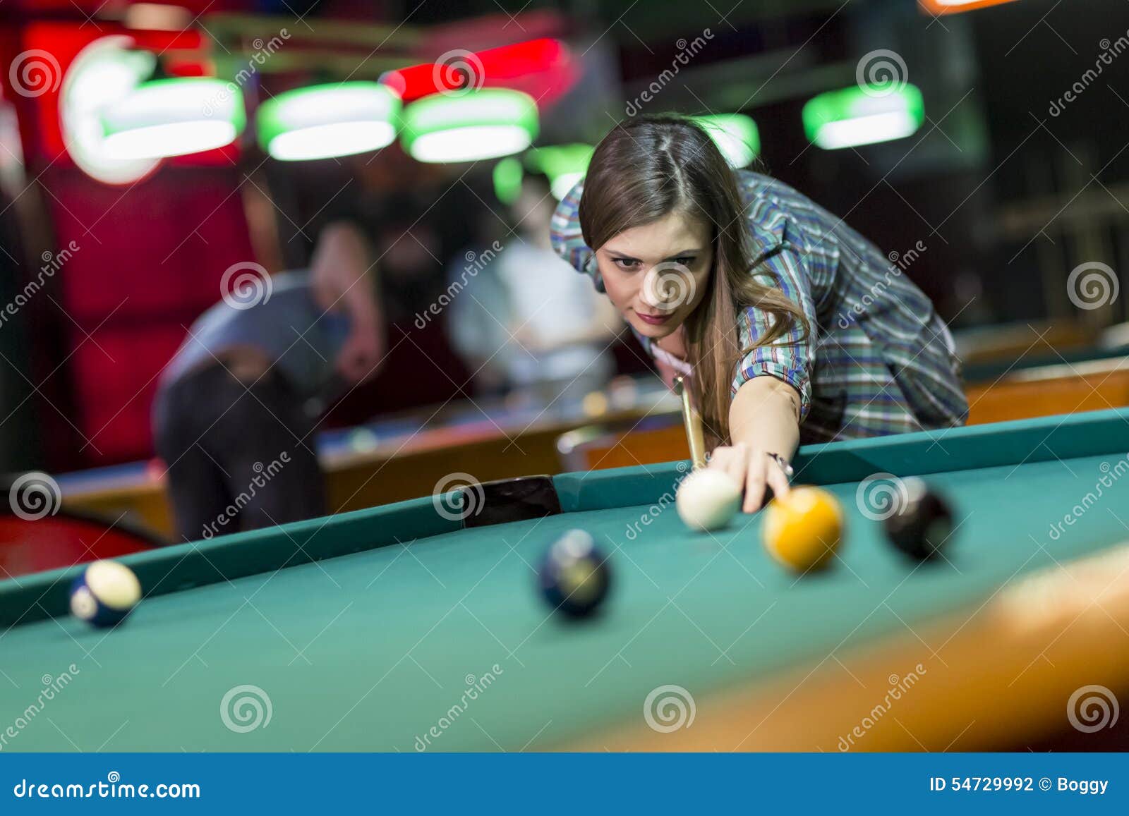 Young woman playing pool stock photo. Image of balls - 54729992