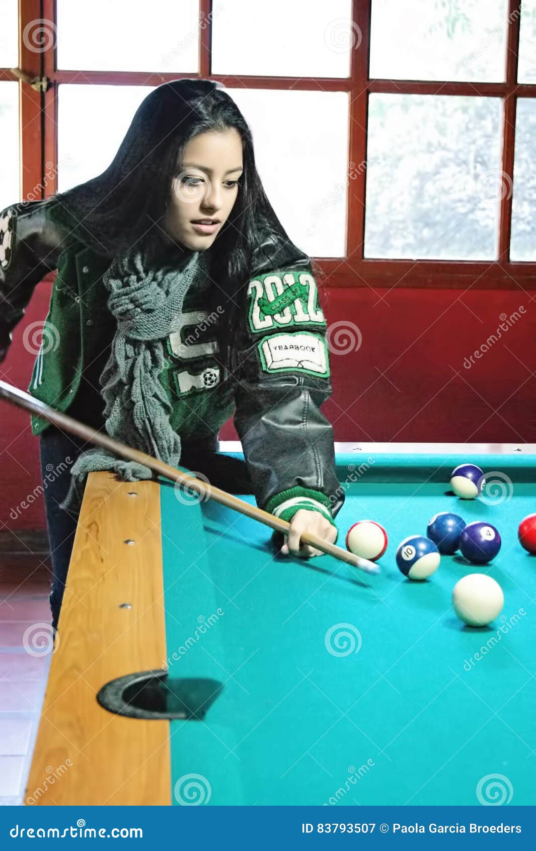 Young Woman Playing Pool in Winter Stock Image - Image of front ...