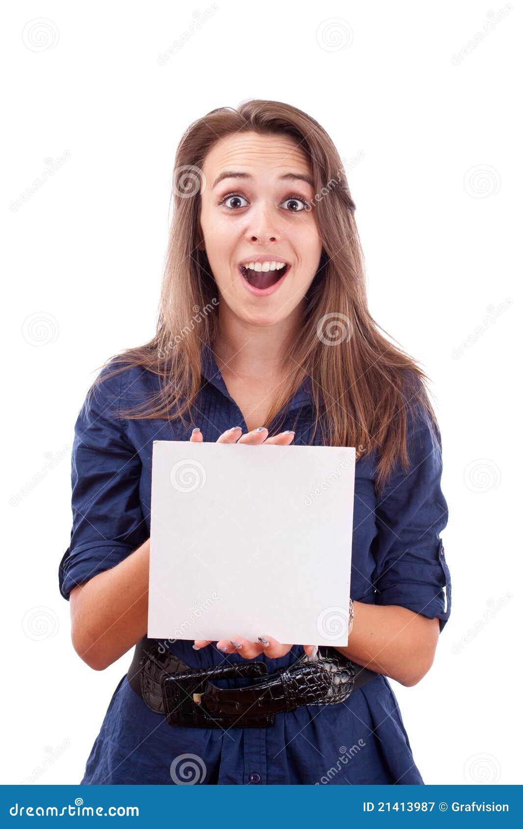Young Woman Pointing at Blank Card in Her Hand Stock Image - Image of ...