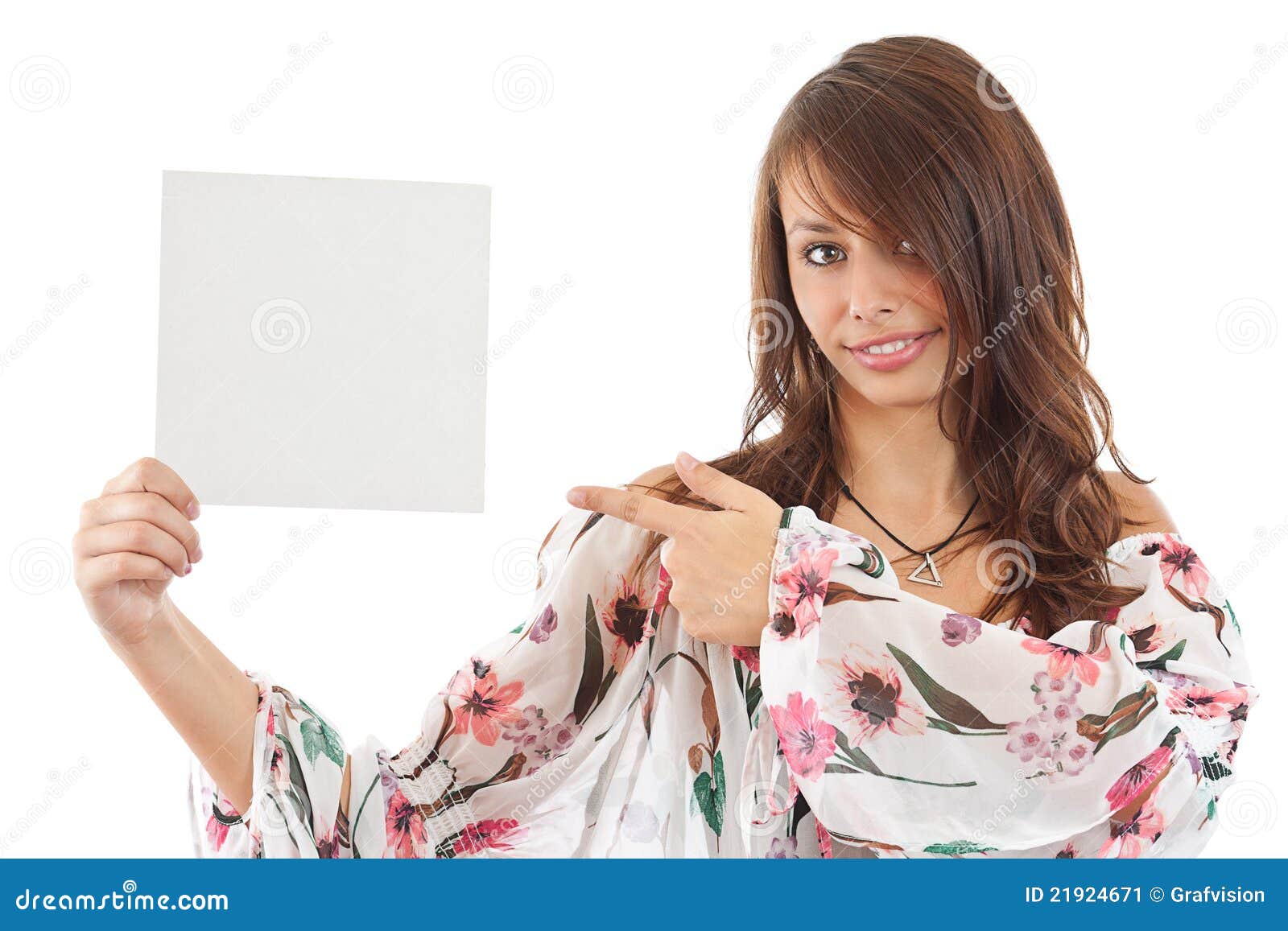 Young Woman Pointing at Blank Card in Her Hand Stock Image - Image of ...