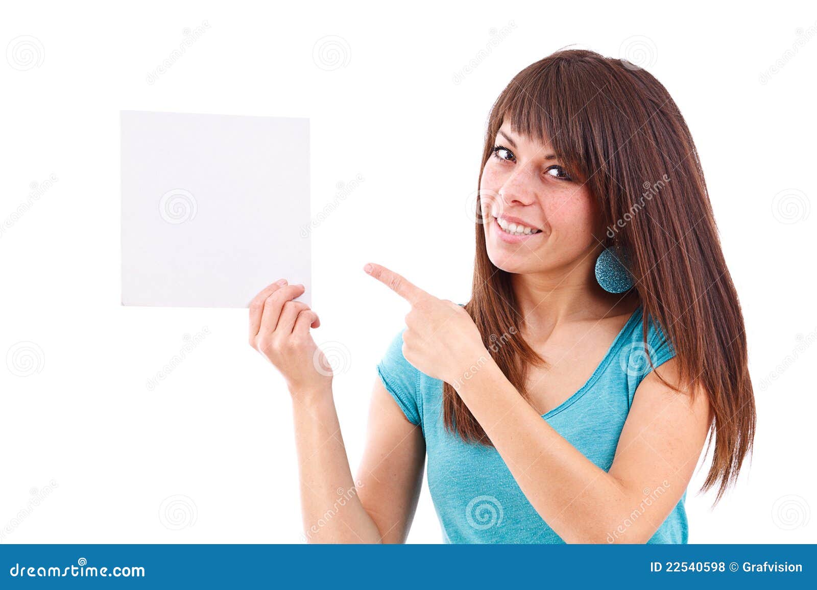 Young Woman Pointing at Blank Card in Her Hand Stock Photo - Image of ...