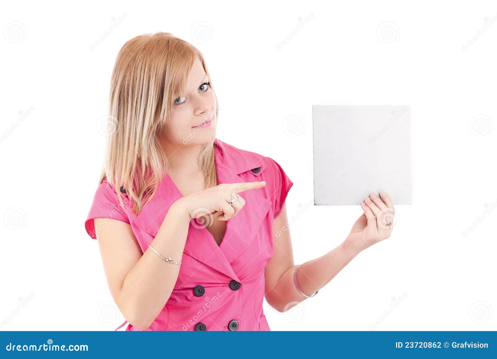 Young Woman Pointing At Blank Card In Her Hand Stock Photo - Image of ...
