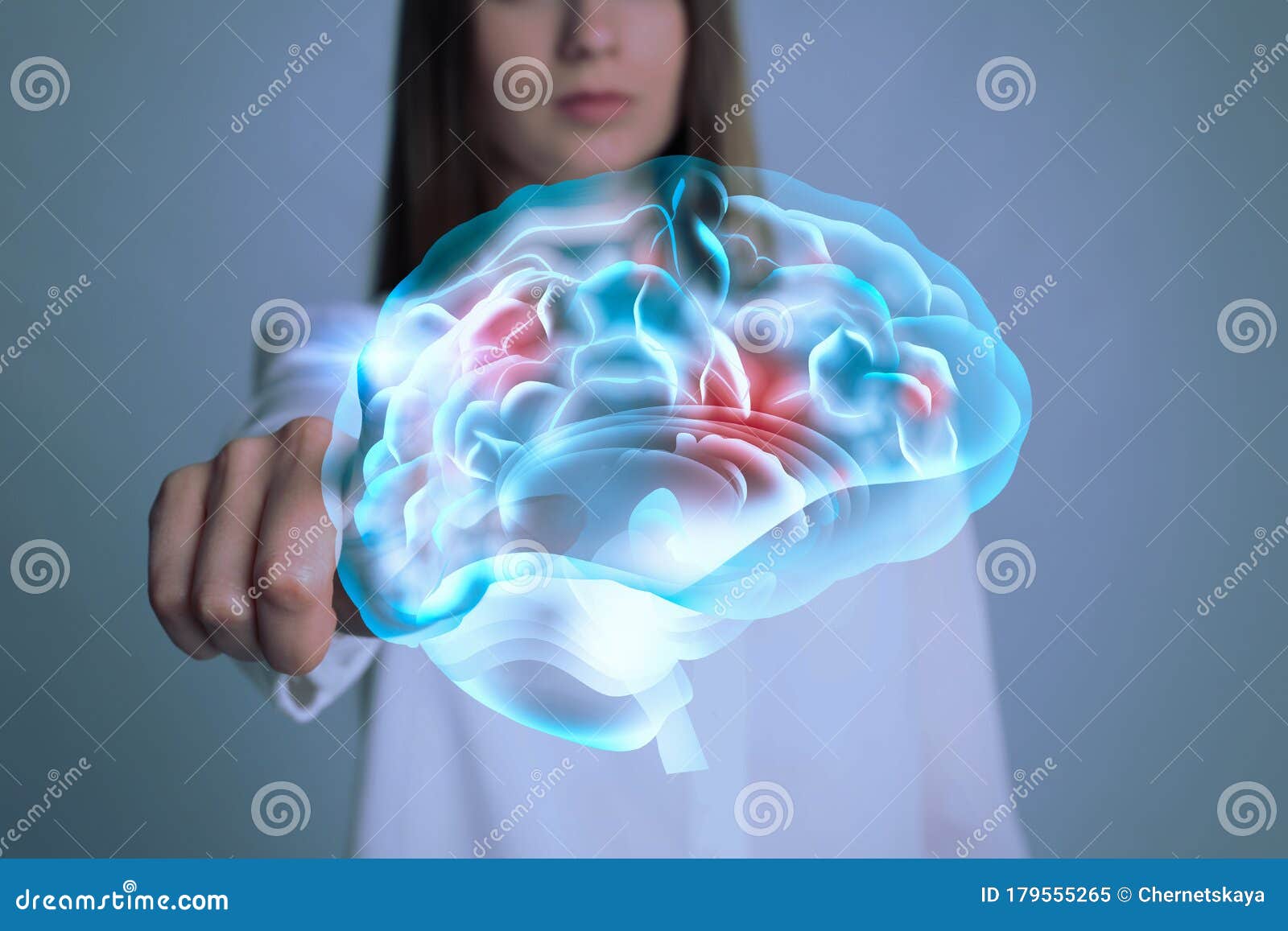 Young Woman Pointing at Digital Image of Brain on Background, Closeup ...