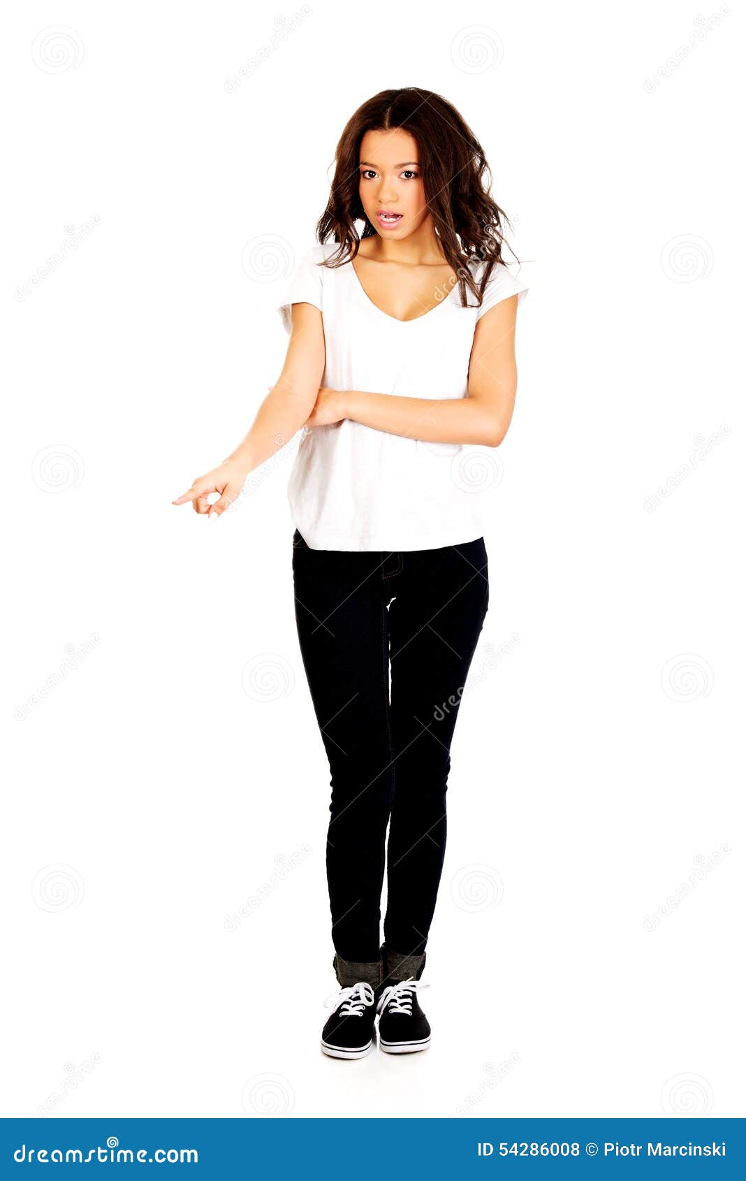 Young woman pointing down. stock photo. Image of isolated - 54286008