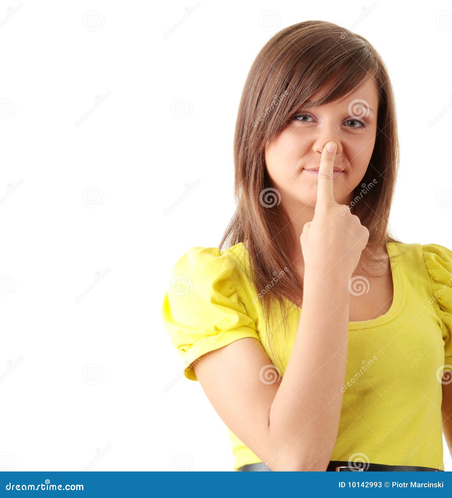 Young Woman Pointing at Her Nose Stock Image - Image of nose, childhood ...