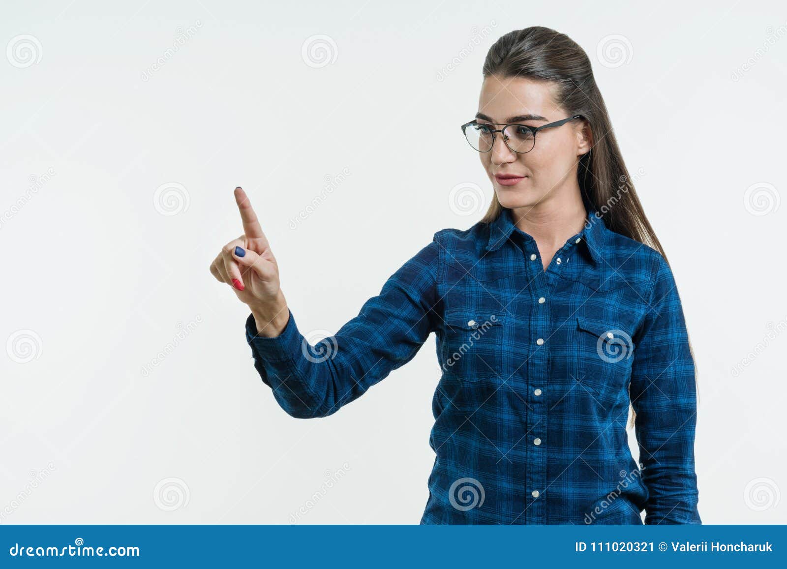 Young Woman Pointing His Finger on Abstract Light Background, Touching ...