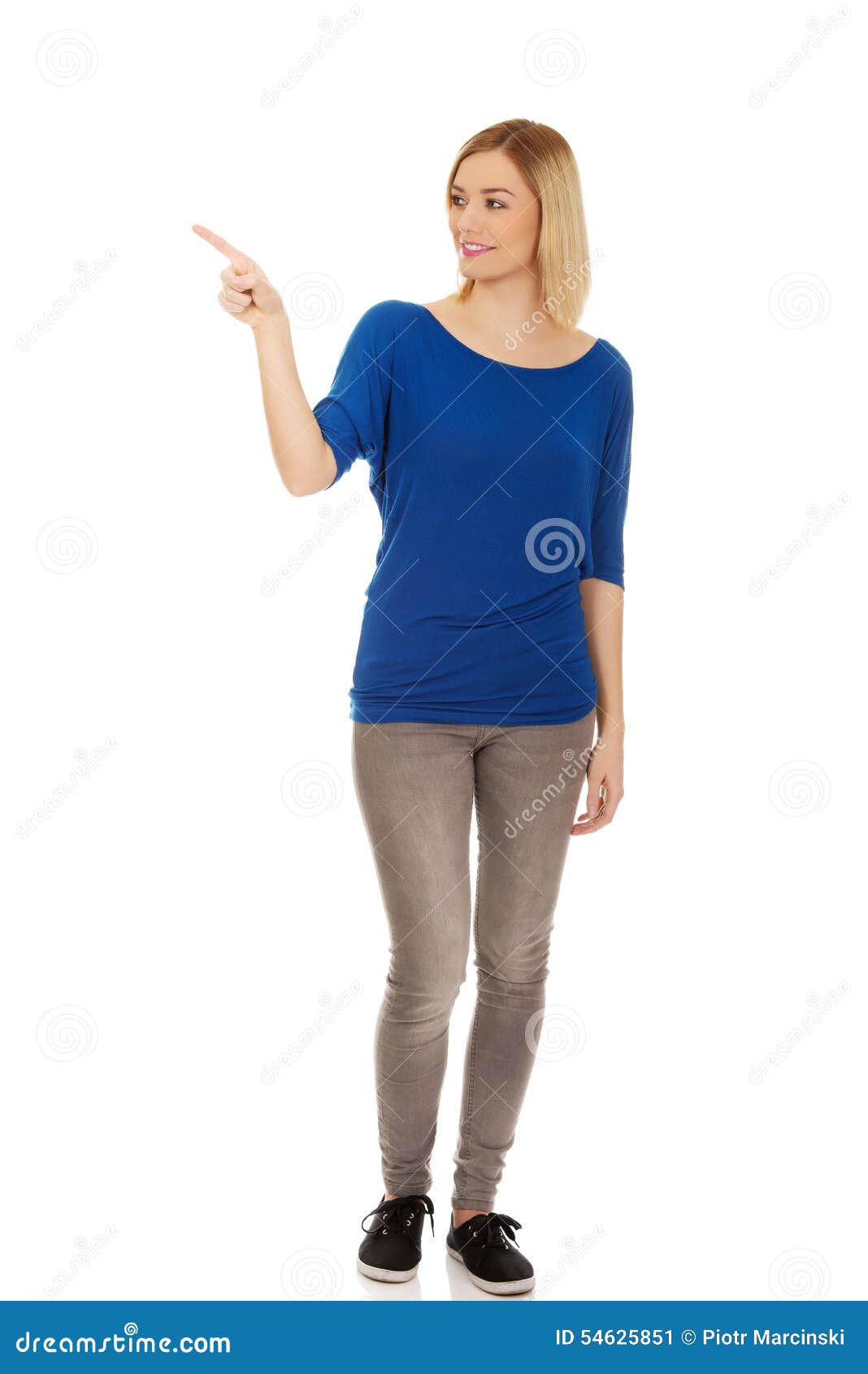 Young woman pointing up. stock image. Image of happy - 54625851