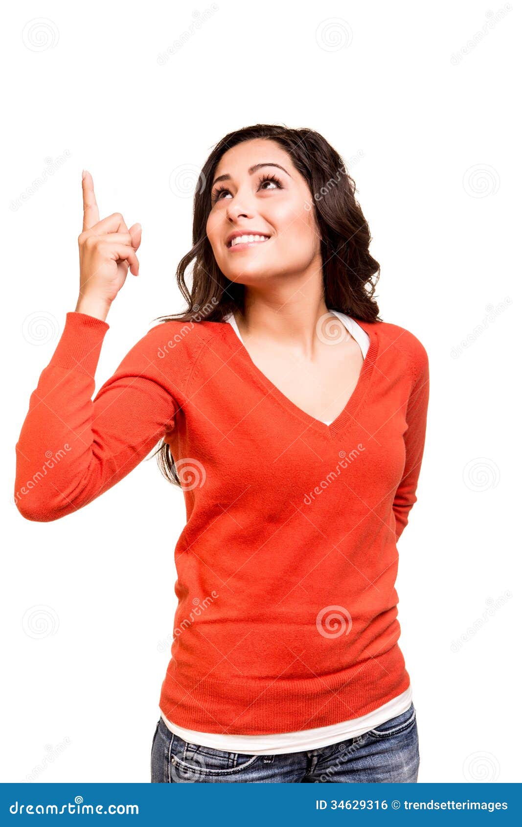 Young woman pointing up stock photo. Image of friendly - 34629316