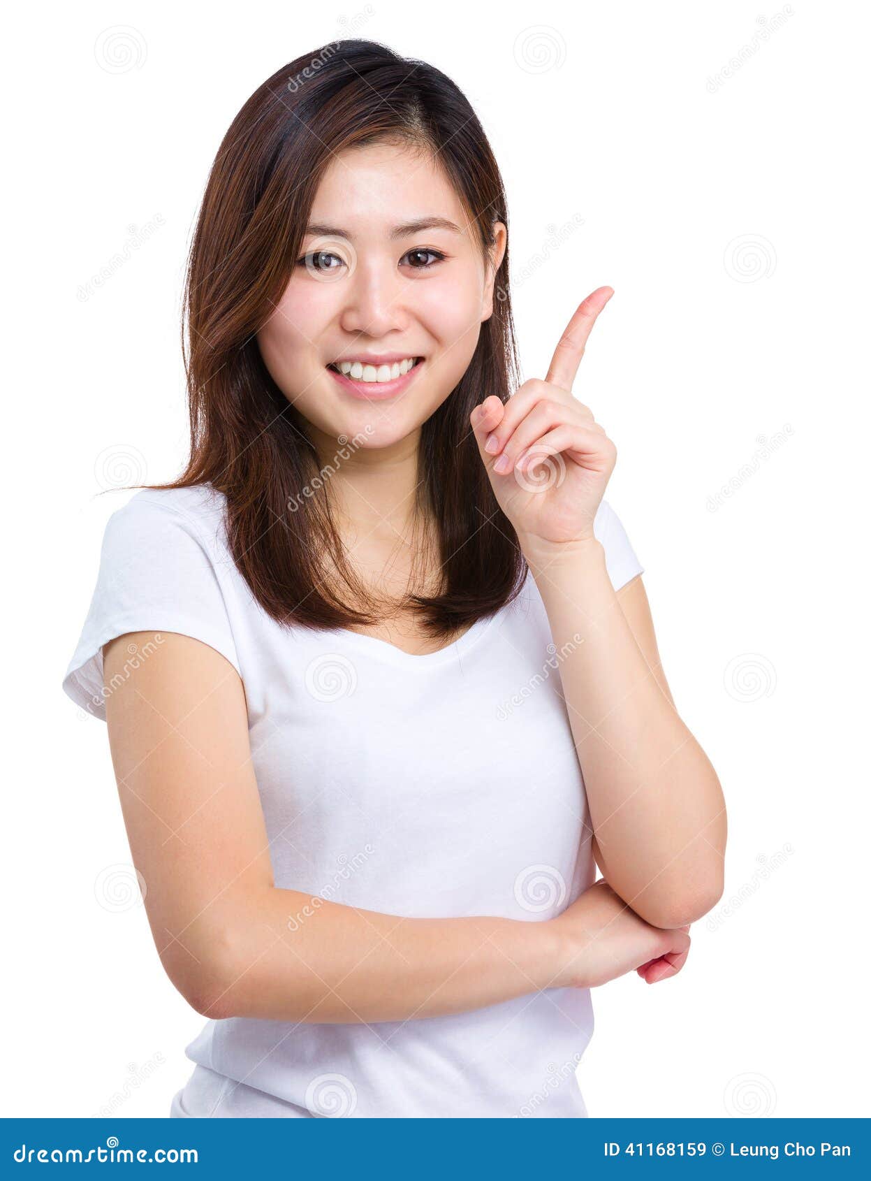 Young woman pointing up stock image. Image of face, isolated - 41168159