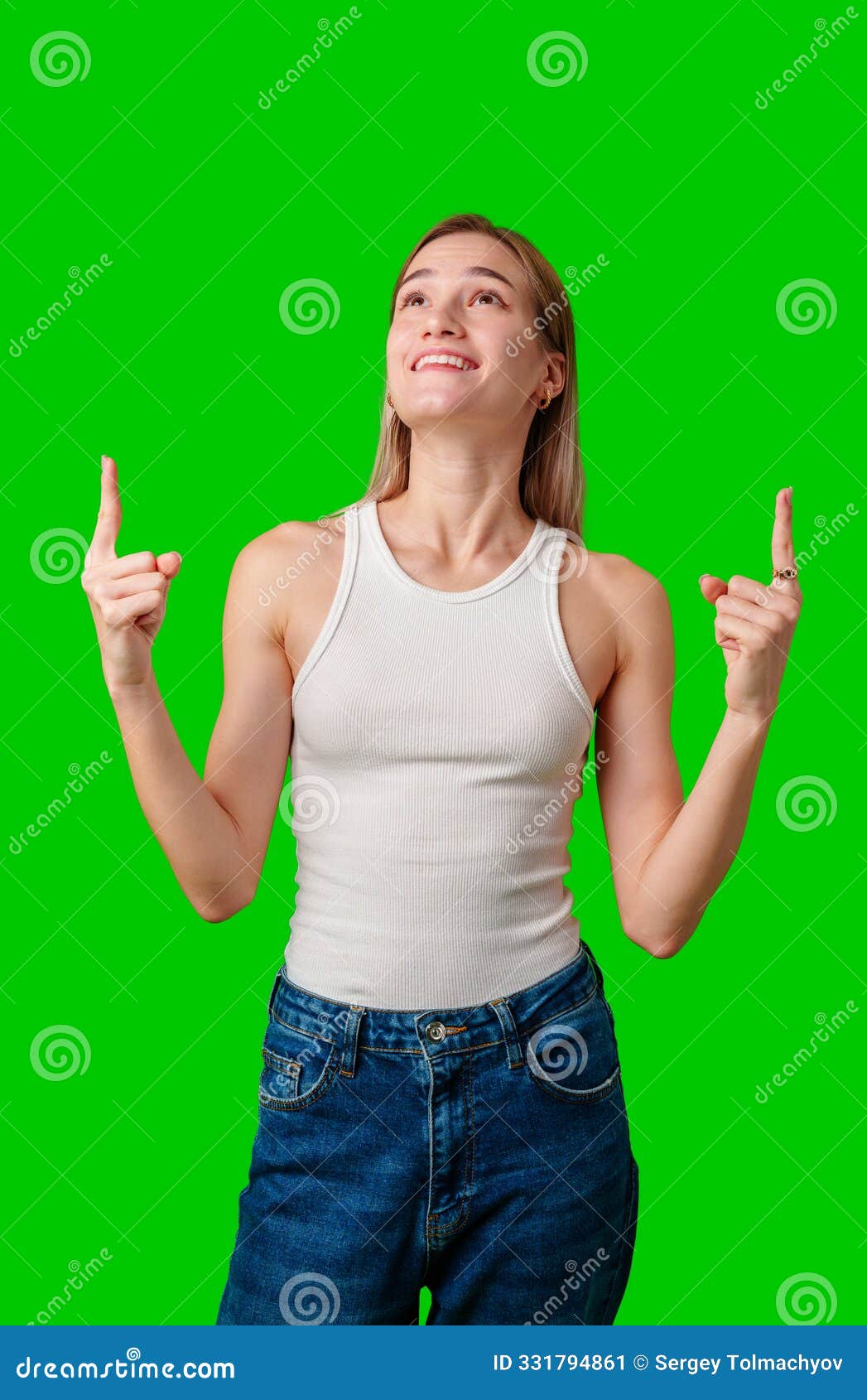 Young Woman Pointing Upwards Against Green Screen Background Stock Image Image Of Point Blue