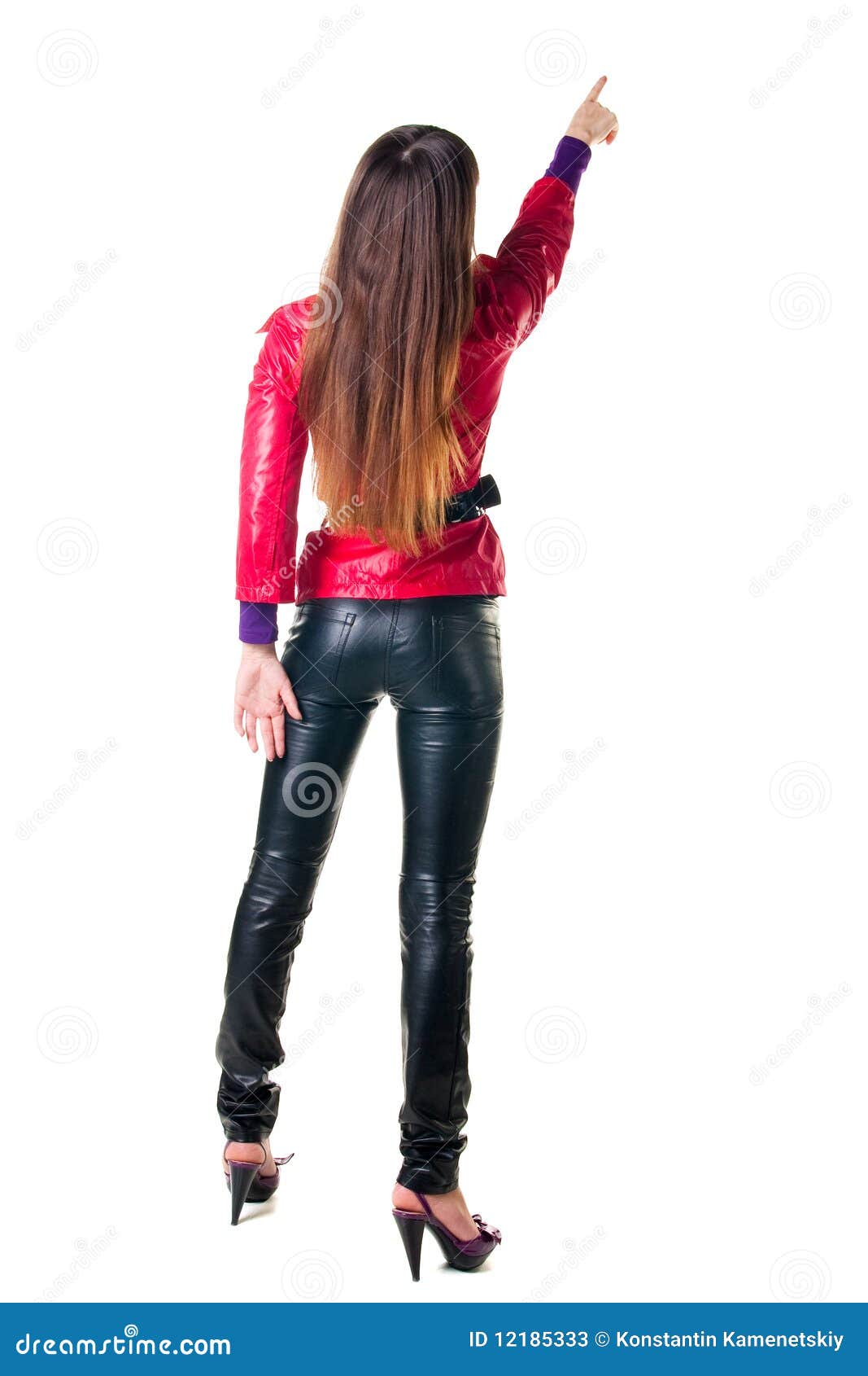 Young Woman Points at Wall. the Rear View Stock Image - Image of ...