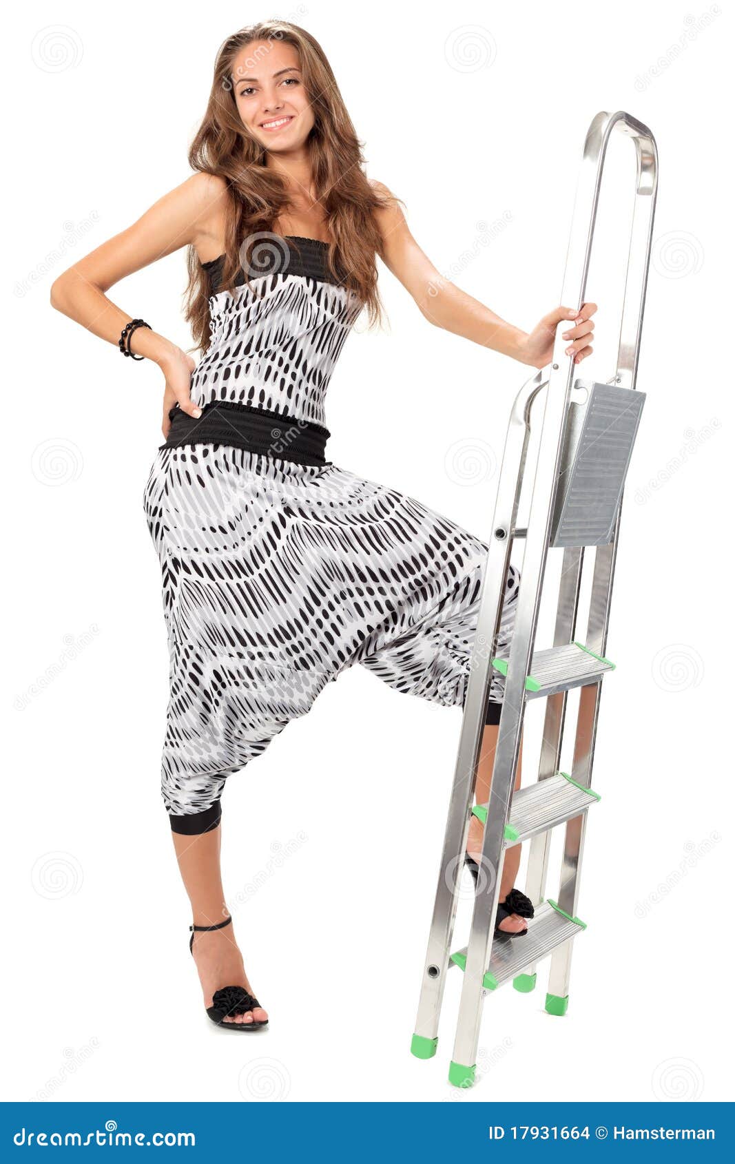 Young Woman Posing with Step-ladder on White Stock Photo - Image of ...