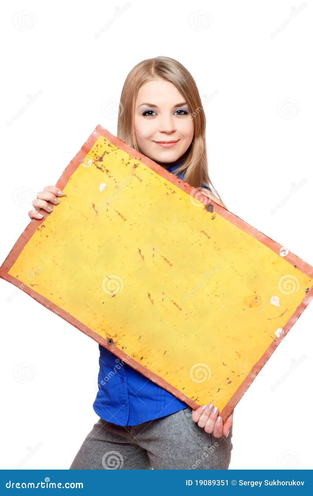 Young Woman Posing with Yellow Vintage Board Stock Image - Image of ...