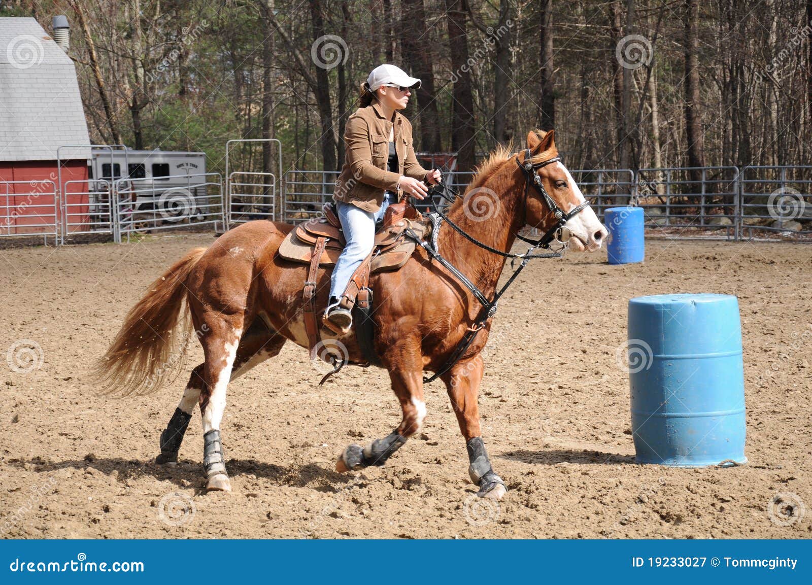 Young Woman Practicing Barrel Racing Stock Image - Image of gymkhana ...