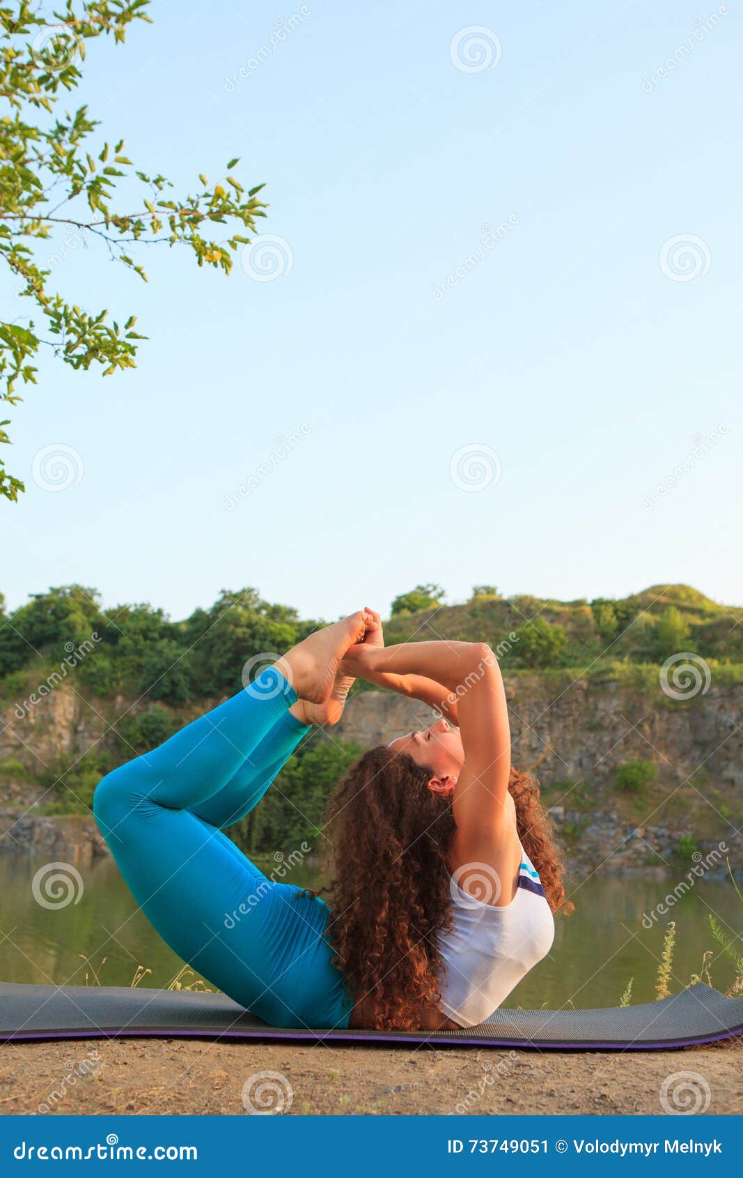 Young Woman is Practicing Yoga Near River Stock Image - Image of lake ...