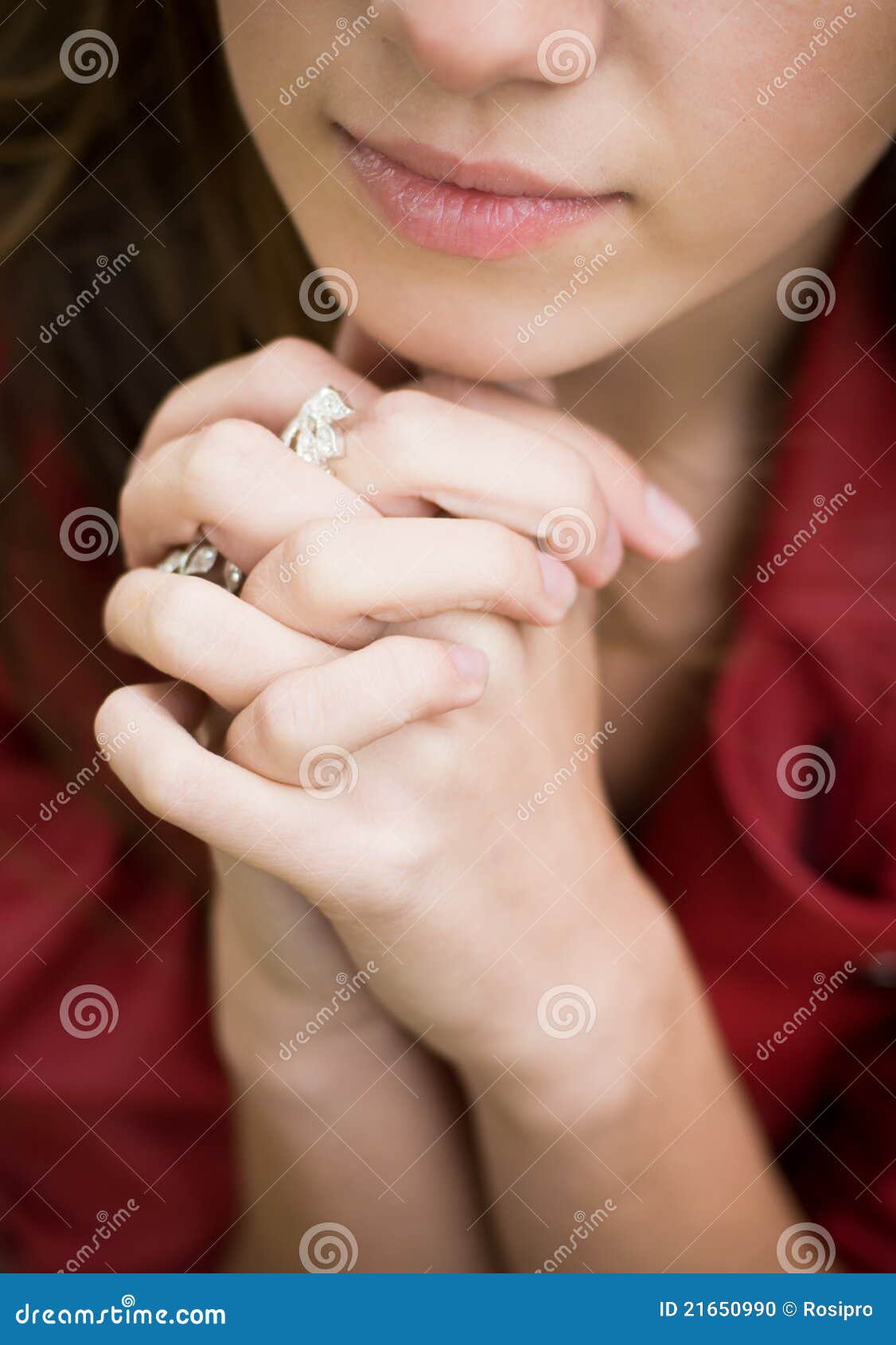 Young Woman With Praying Hands And Beautiful Lips Stock Photo - Image ...