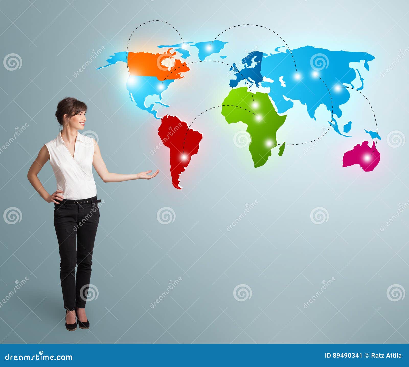 Young Woman Presenting Colorful World Map Stock Image - Image of ...