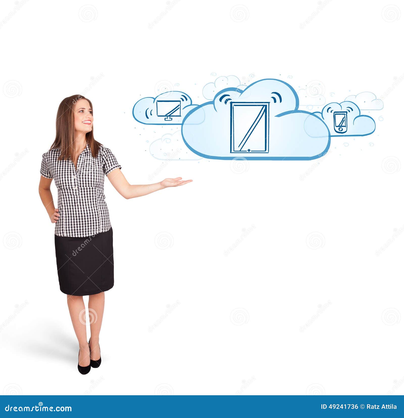 Young Woman Presenting Modern Devices in Clouds Stock Photo - Image of ...